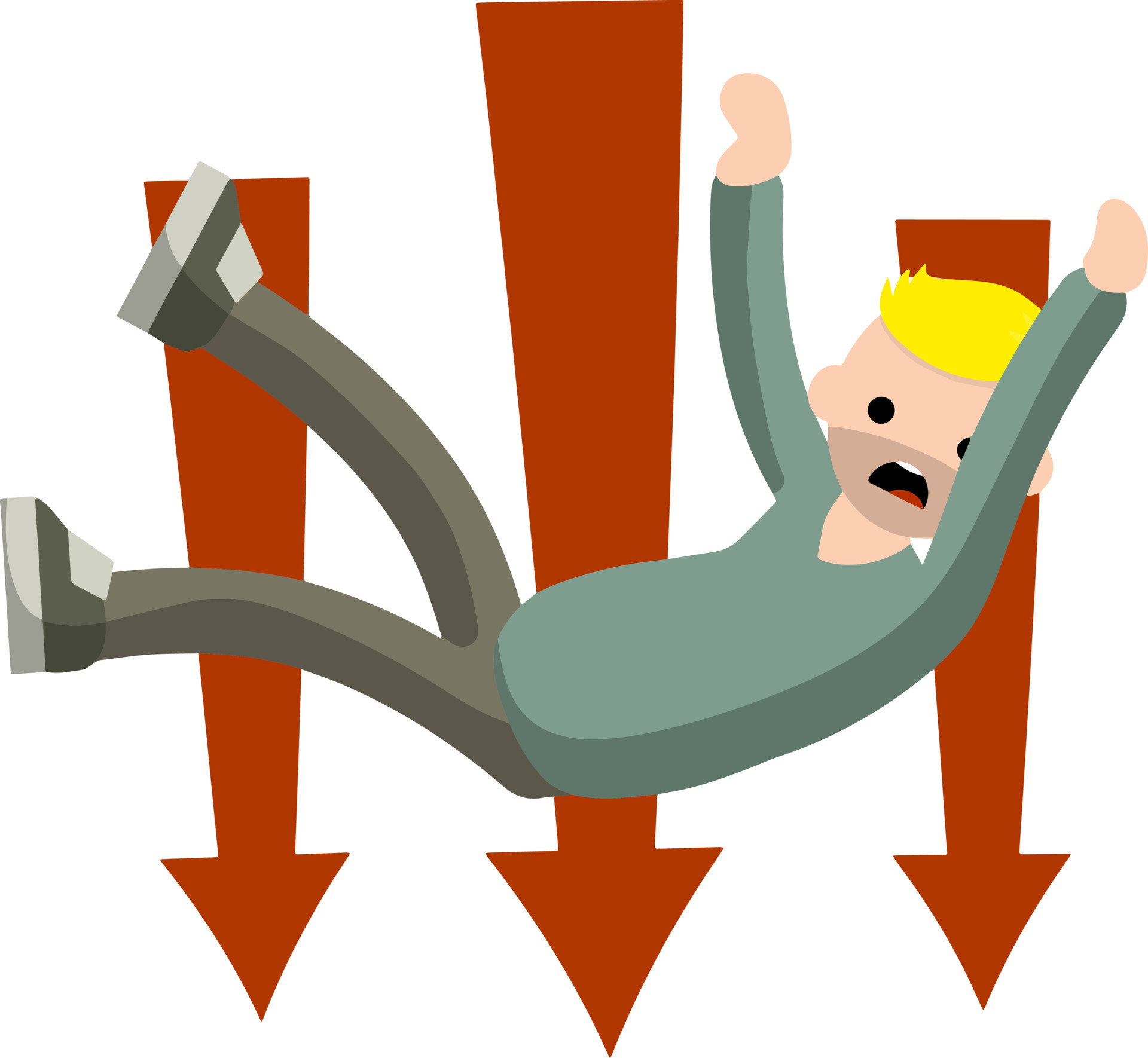 Man fall down. Red arrow. frightened guy in distress. Flying and crashing from height. Cartoon ...