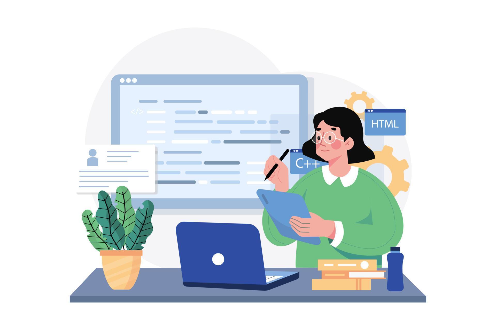 Young female computer programmer coding at laptop Illustration concept ...