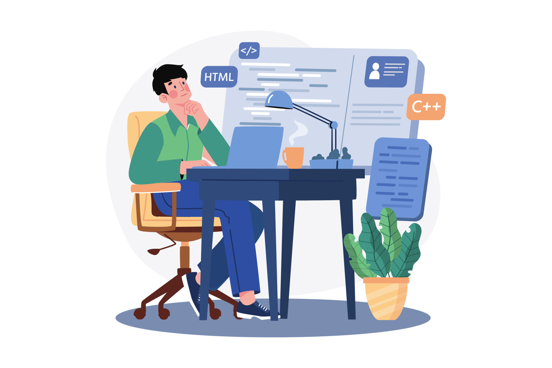 A young programmer coding on the laptop 11634399 Vector Art at Vecteezy