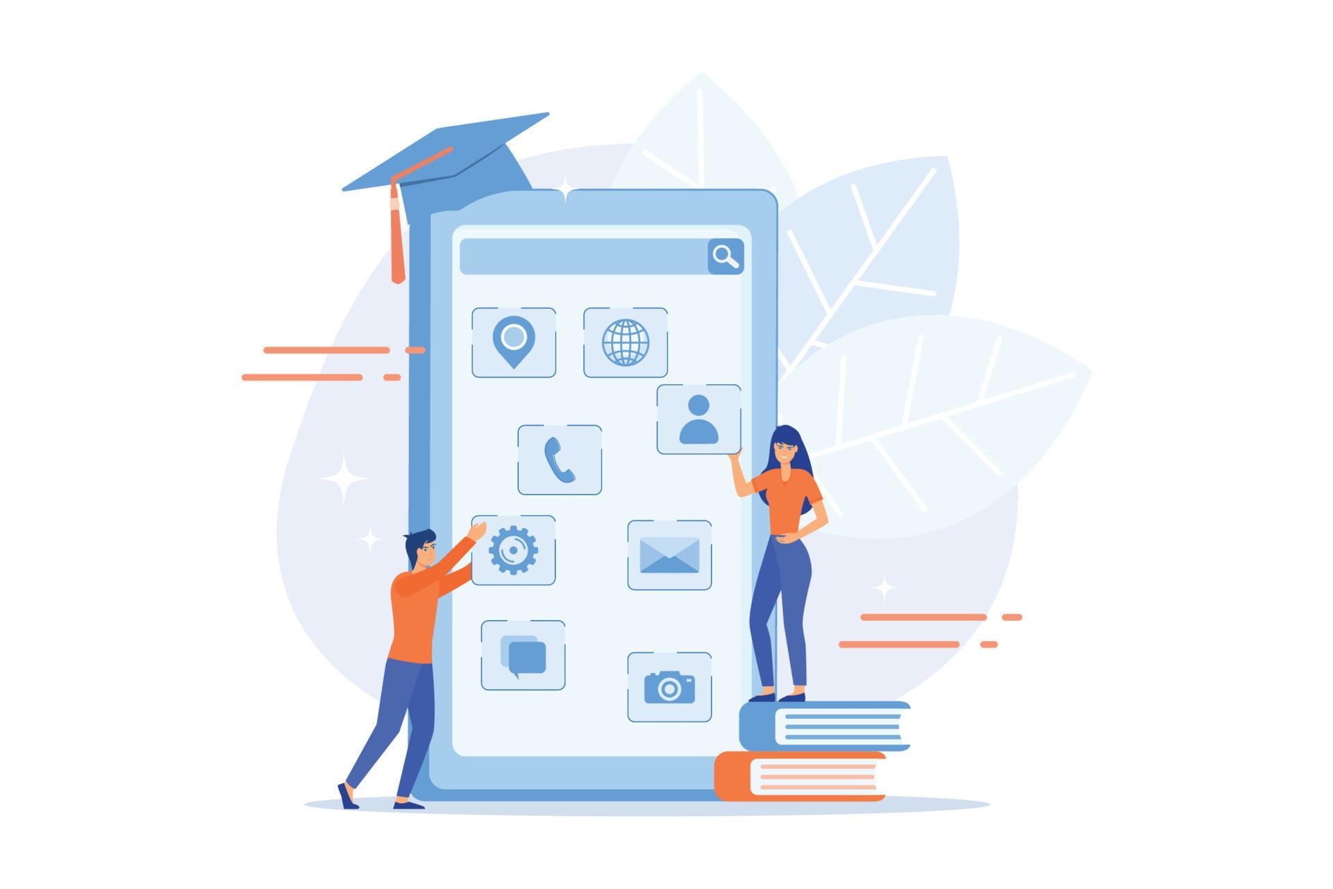 E- learning. Education process. Training application. Mobile app ...