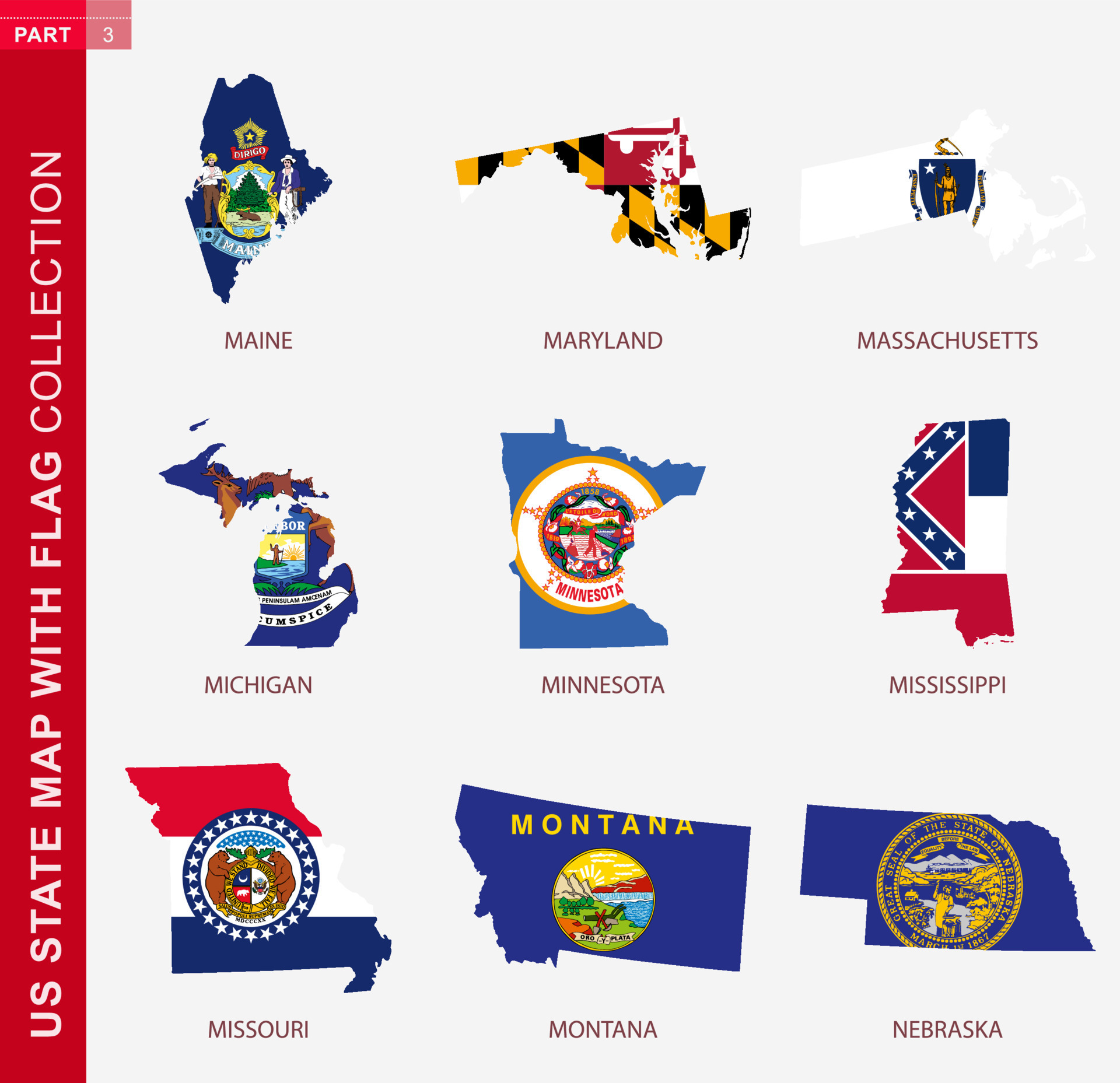 Us State Maps With Flag Collection Nine Usa Map Contour With Flag 11635132 Vector Art At Vecteezy