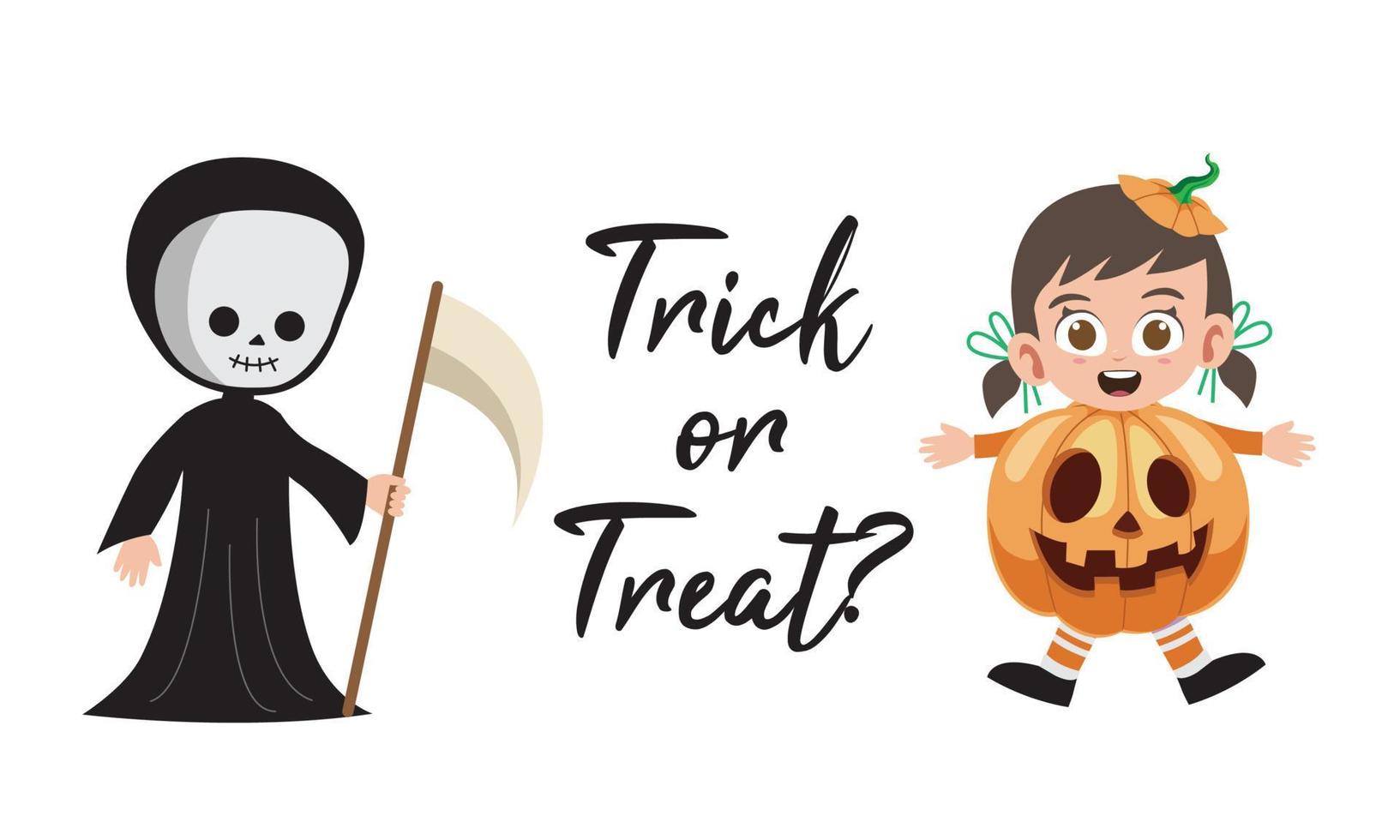 Trick or treat lettering with cute kids in reaper and pumpkin costumes ...