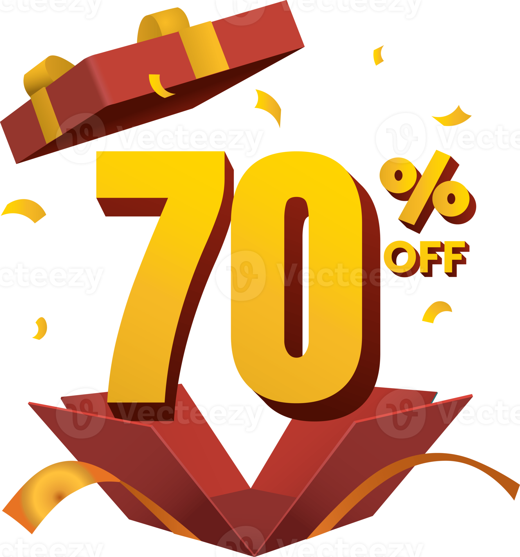 discount 70 percent off in surprise opened red gift box golden ribbon 3d style 11654481 PNG