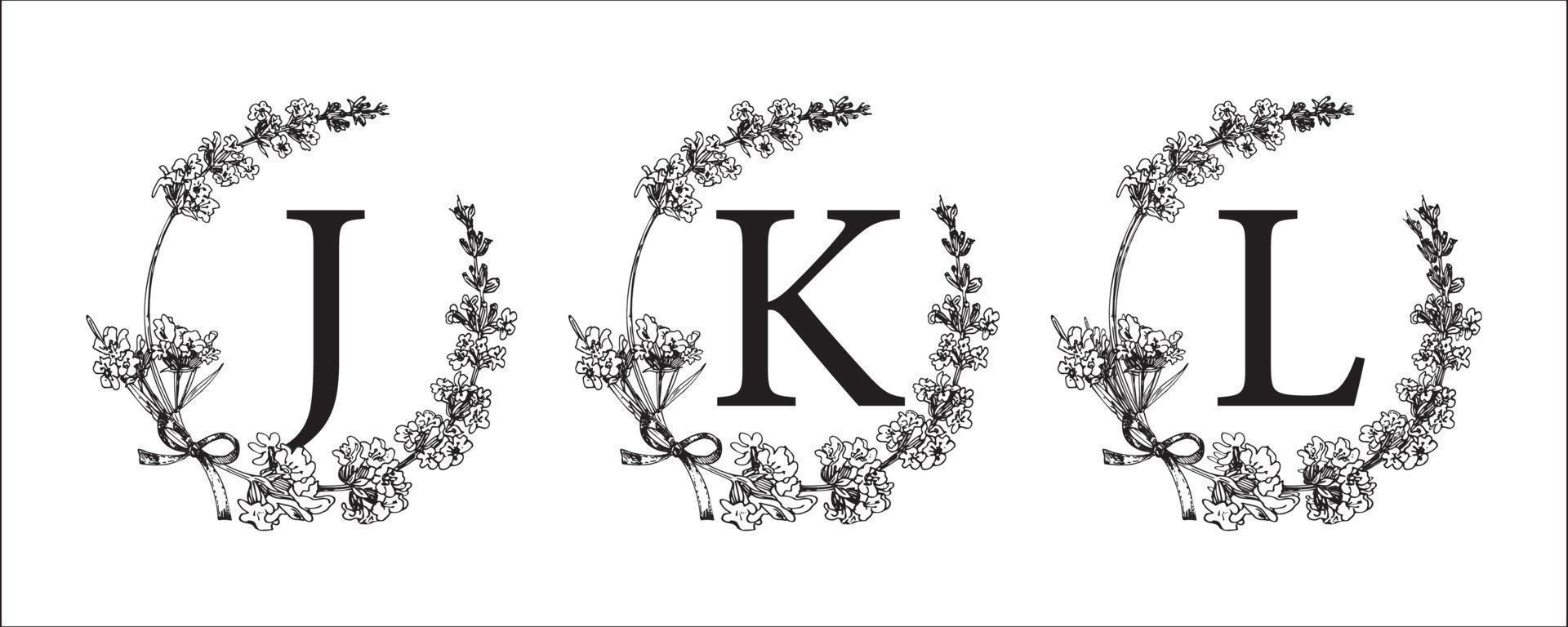 J K L letter. Set modern hand-drawn engraved sketch illustrations. Lavender flower wreath with ...