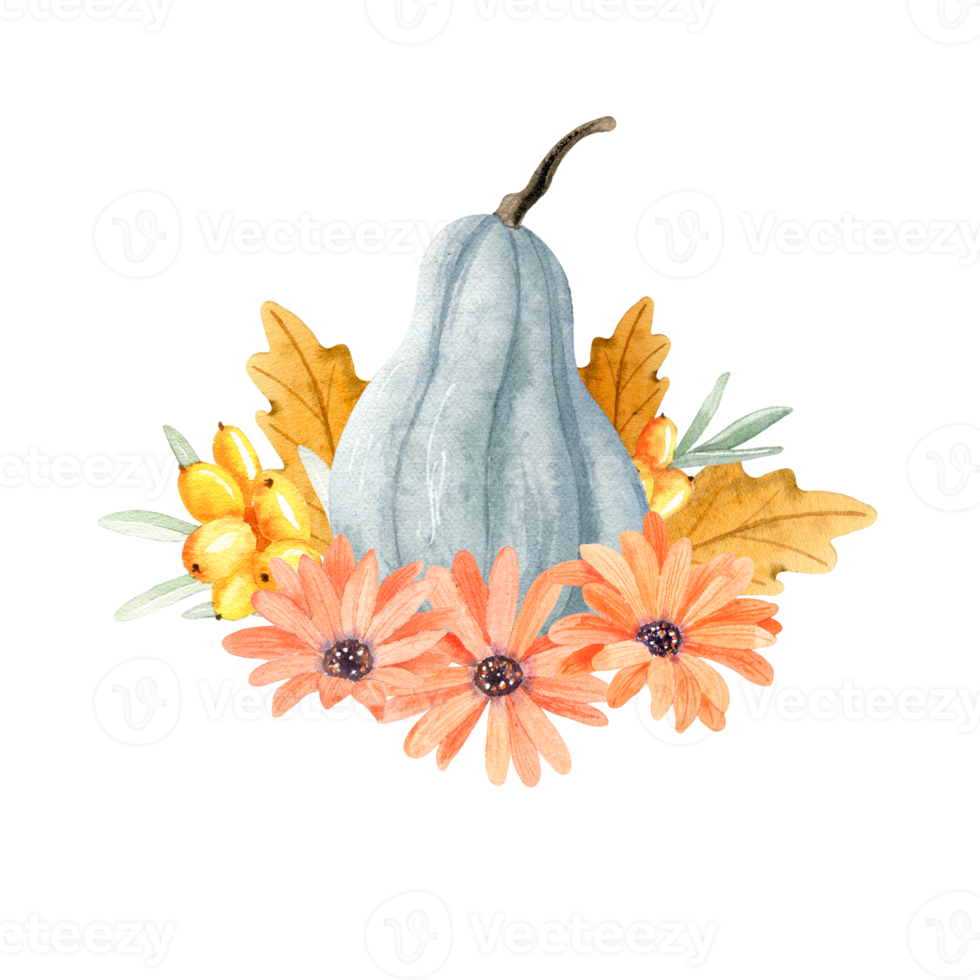 Watercolor Autumn Pumpkin With Flowers And Fall Leaves 11660742 Png