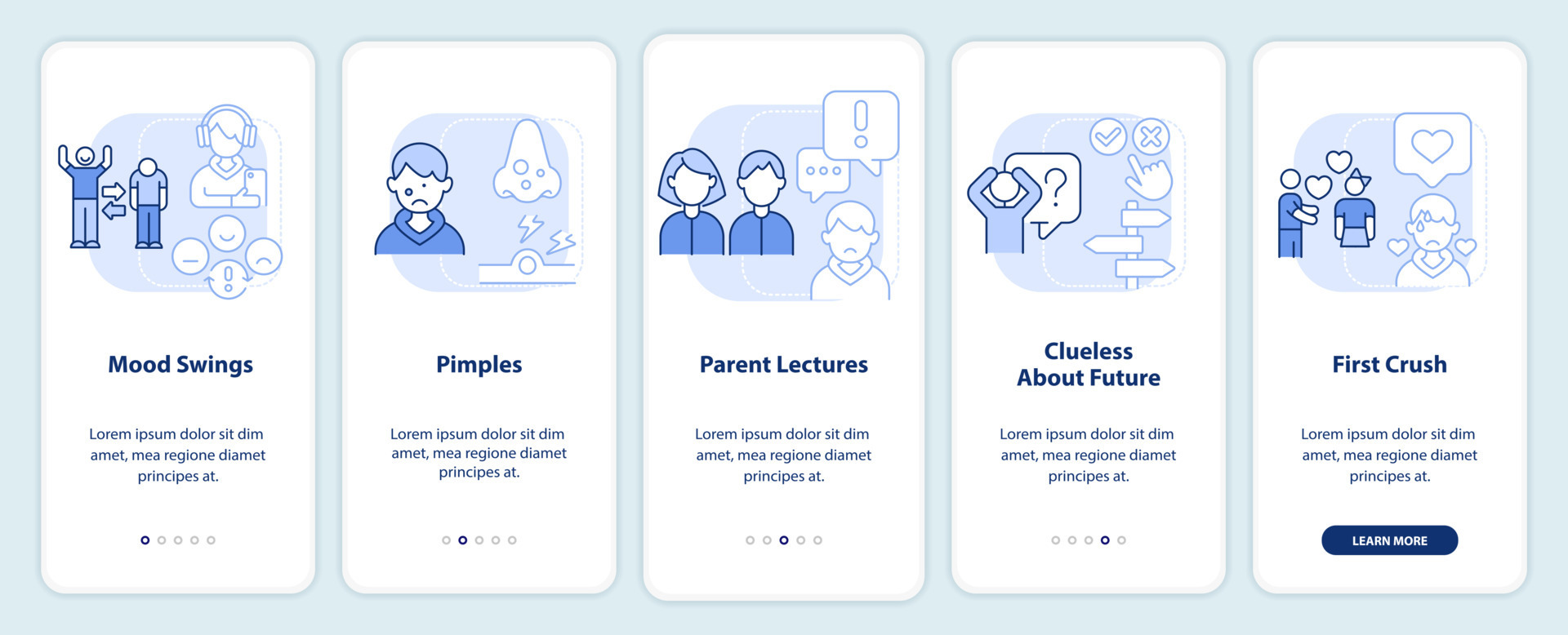 Challenges In Adolescence Light Blue Onboarding Mobile App Screen Walkthrough 5 Steps Editable
