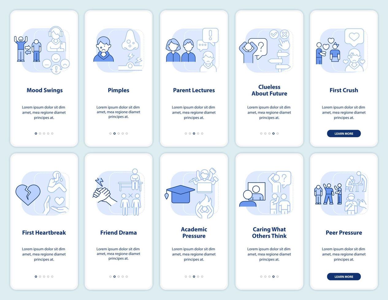 Teenage Struggles Light Blue Onboarding Mobile App Screen Set Walkthrough 5 Steps Editable