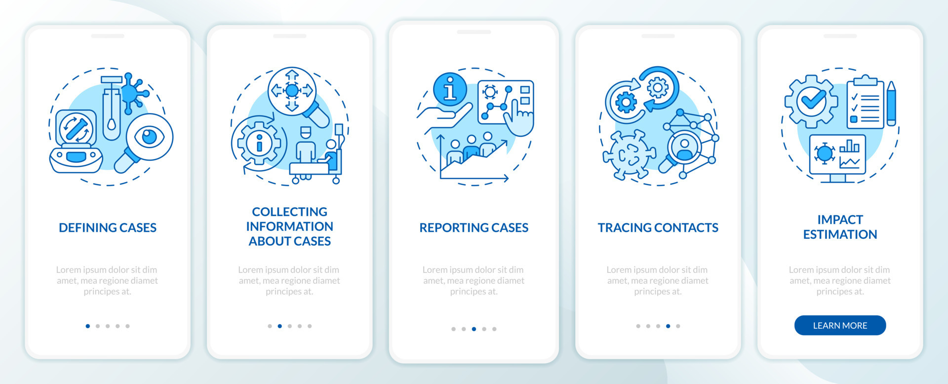 Disease Monitoring Steps Blue Onboarding Mobile App Screen Walkthrough 5 Steps Editable Graphic