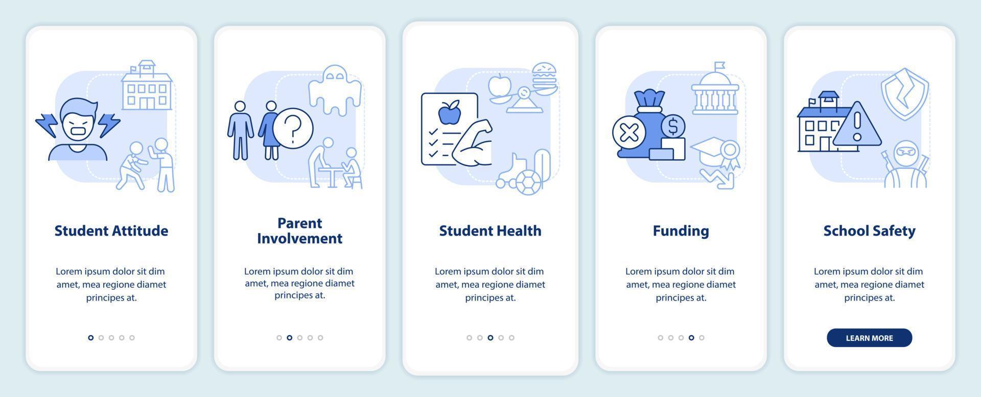 Problems In Public Schools Light Blue Onboarding Mobile App Screen Walkthrough 5 Steps Editable