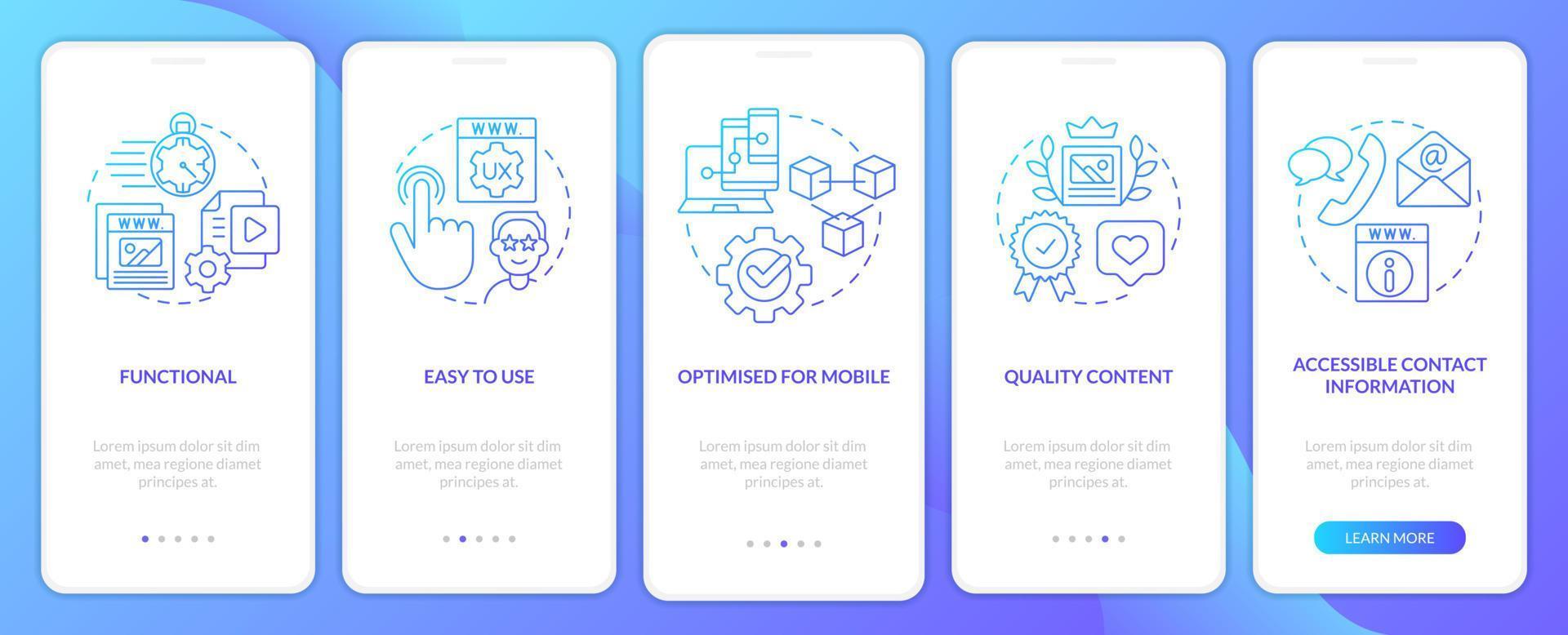 Great Website Features Blue Gradient Onboarding Mobile App Screen Walkthrough 5 Steps Graphic