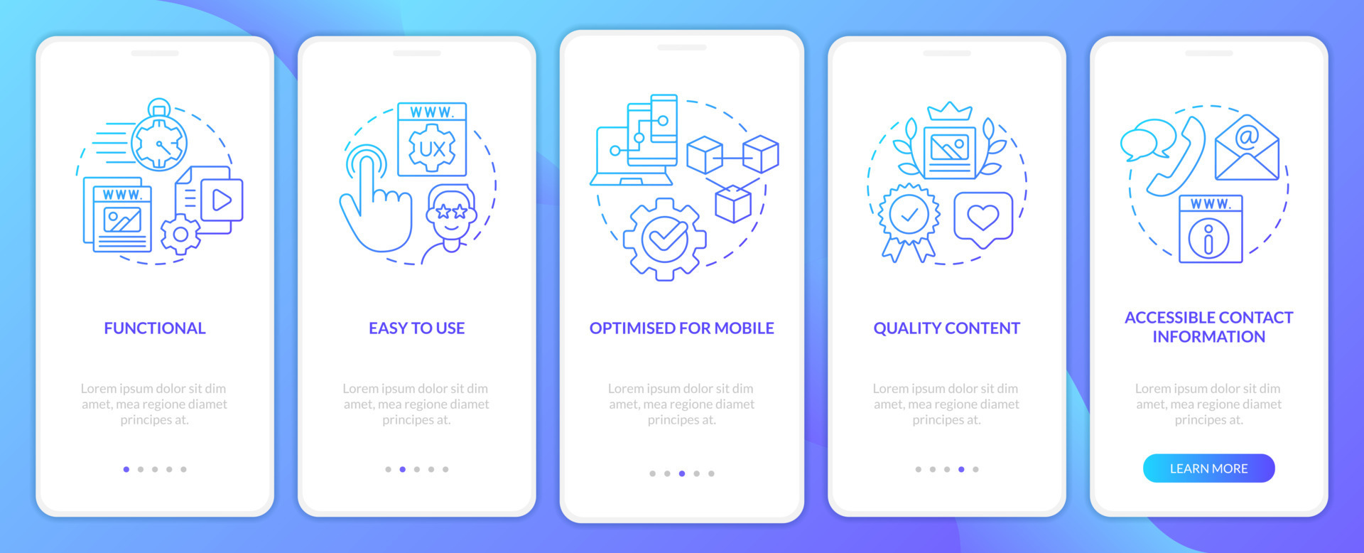 Great Website Features Blue Gradient Onboarding Mobile App Screen Walkthrough 5 Steps Graphic