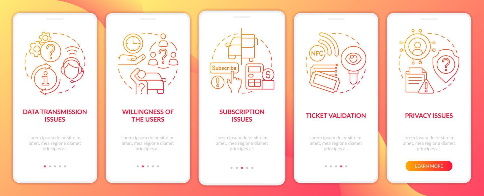 MaaS issues red gradient onboarding mobile app screen. System disadvantages walkthrough 5 steps ...