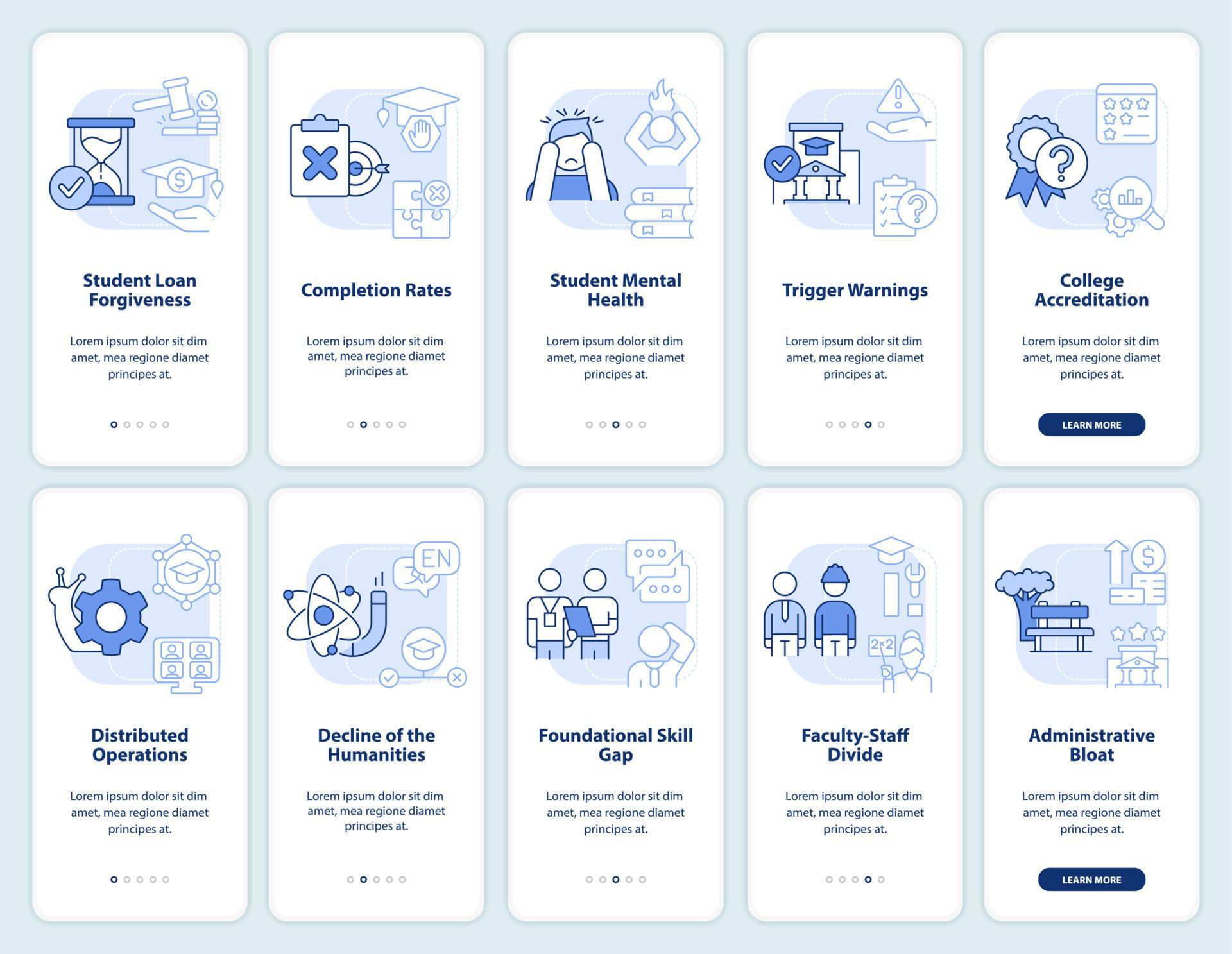 University problems light blue onboarding mobile app screen set. Walkthrough 5 steps editable ...