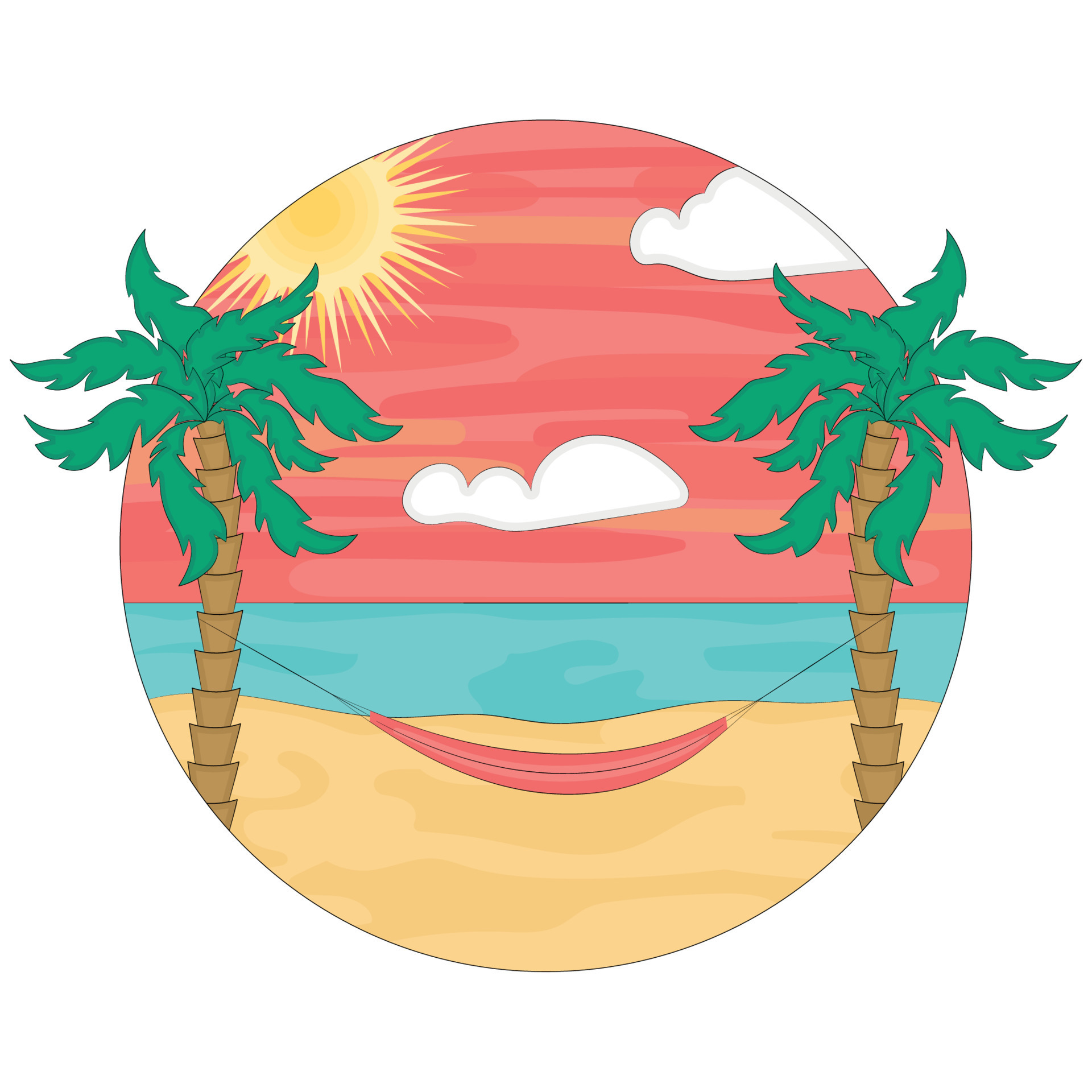 Colored round beach landscape with palm trees Vector illustration ...