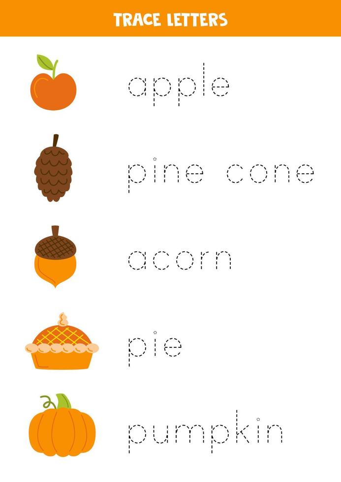 Tracing names of cute autumn elements. Writing practice. 11670097 ...