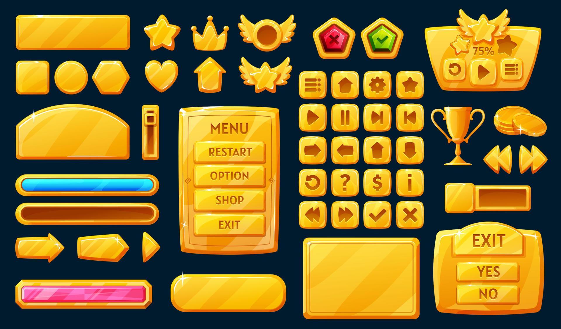 Golden interface game buttons, ui, gui elements 11674552 Vector Art at Vecteezy