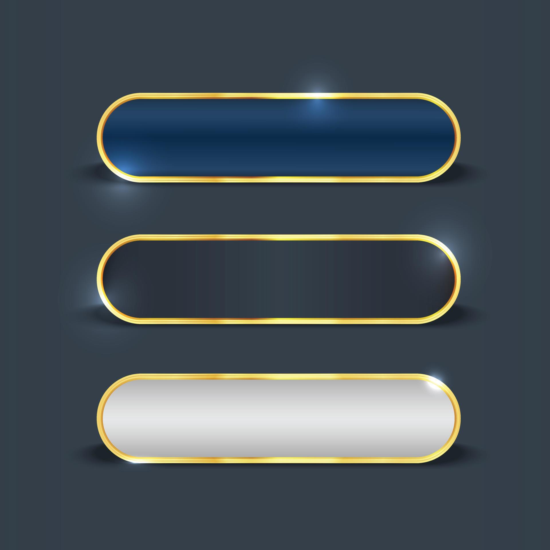 Gold Framed Buttons set. Gold web button of different gradient styles with frames and shine ...