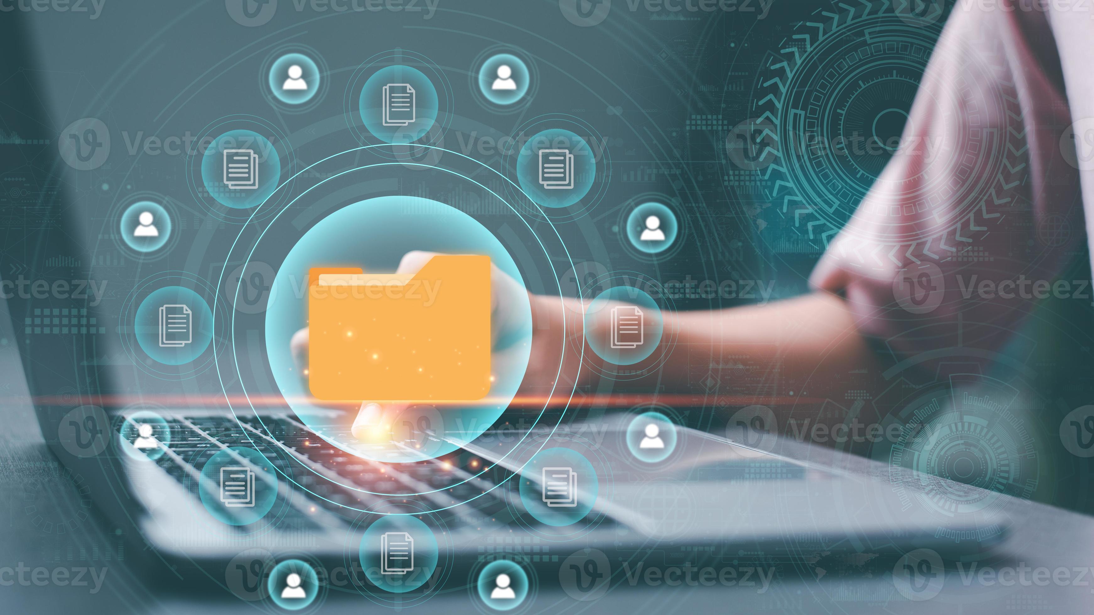 Businesspeople manage corporate document databases through the cloud,cyberspace technology ...