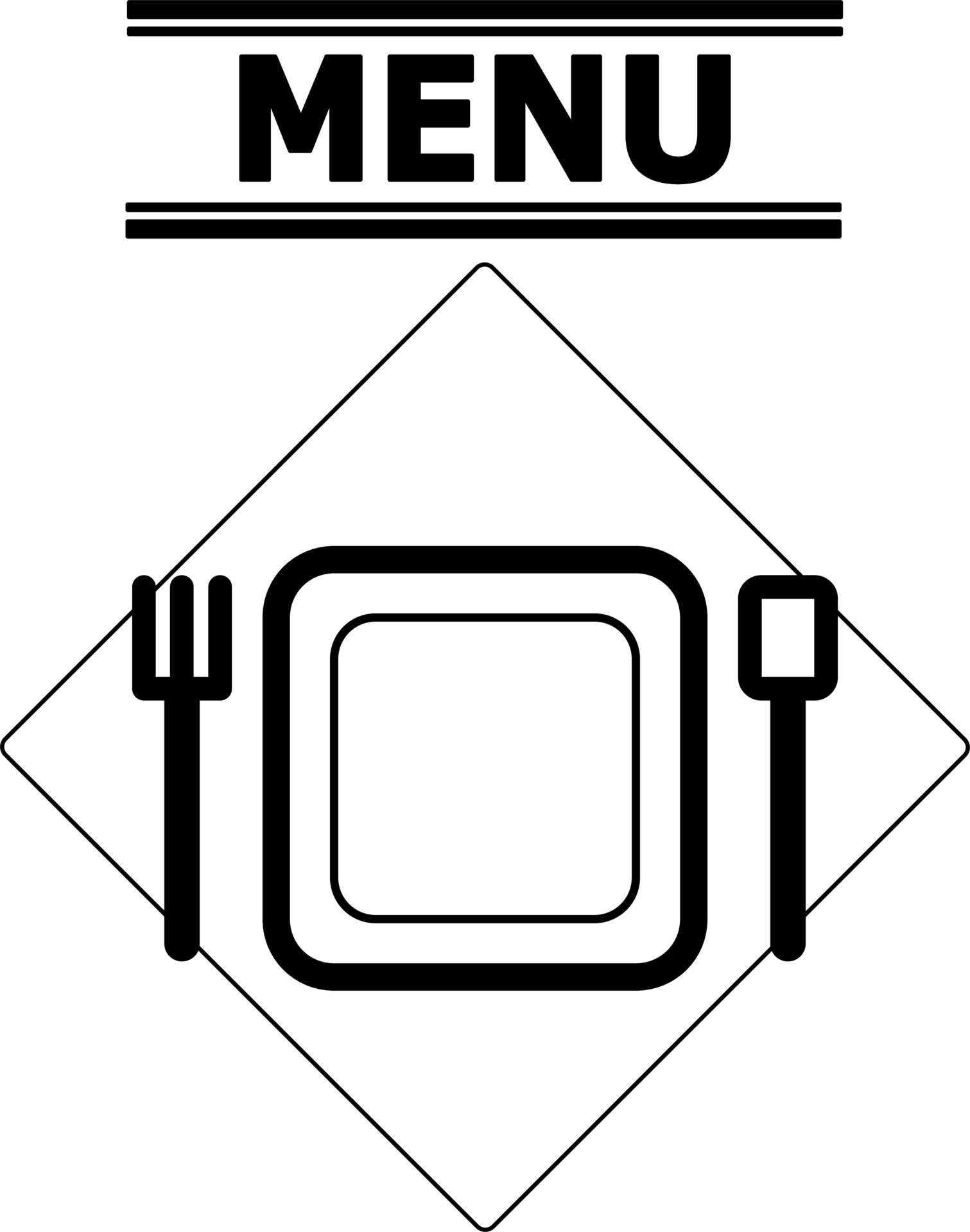 clip art square plate with spoon and fork black and white color ...