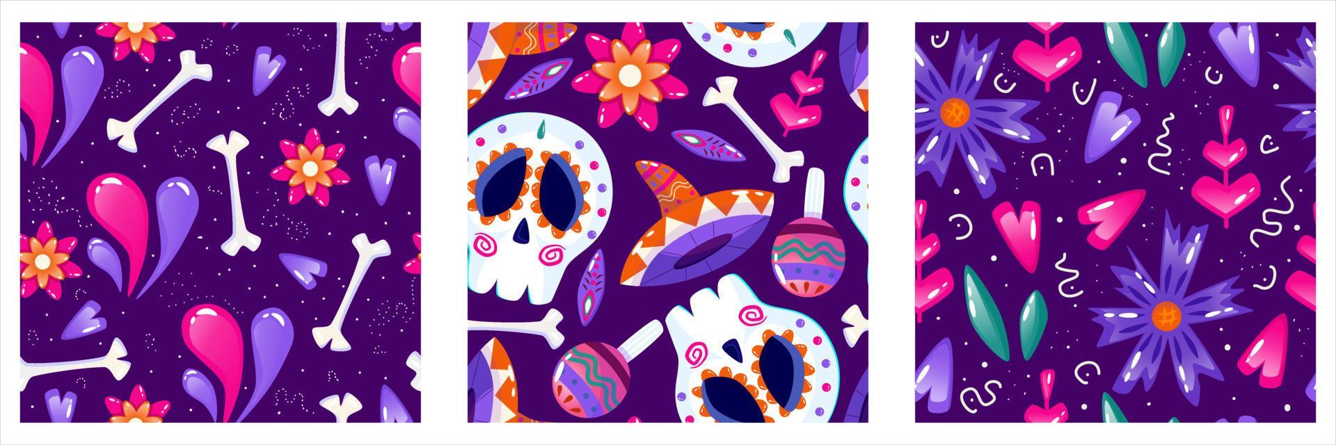 Muertos Pattern With Skull Set Mexico Day Dead Holiday Floral Skull Face Floral Seamless
