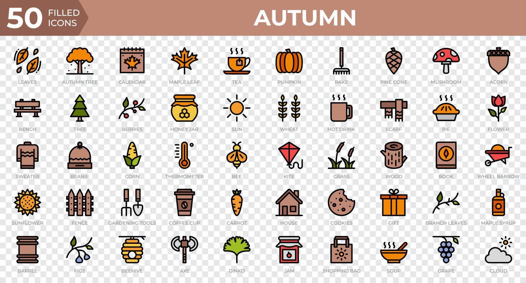 Set of 50 Autumn icons in filled outline style. Leaves, berries ...