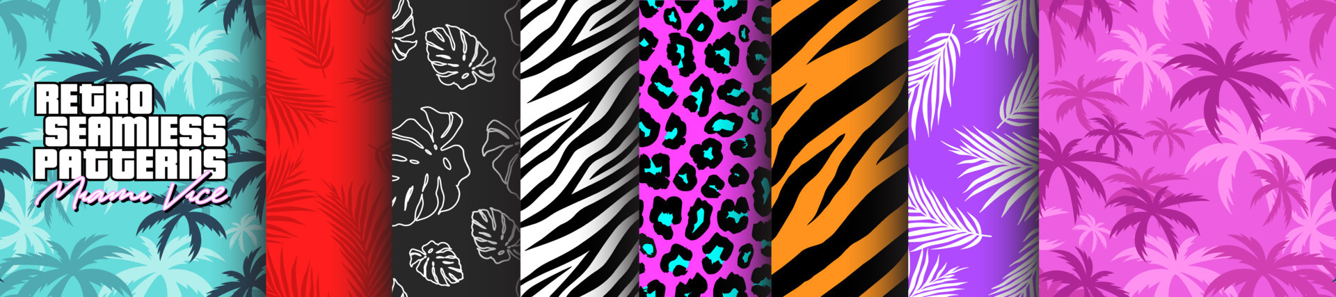 Miami Vice Retro Seamless Patterns. Graphic collection for hawaiian ...