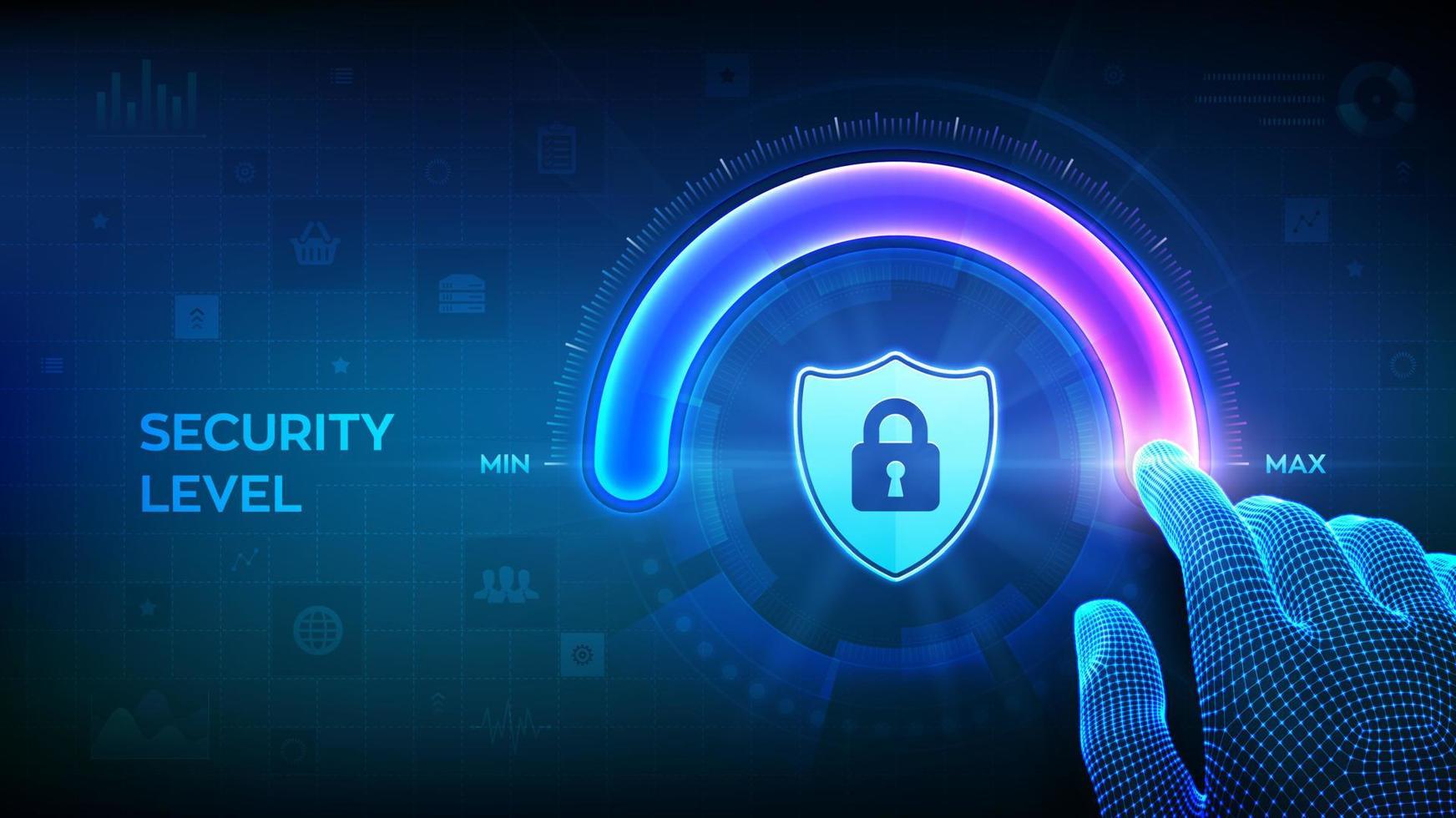 Increasing Security level. Cyber security concept. Wireframe hand is ... Increasing Security level. Cyber security concept. Wireframe hand is ...