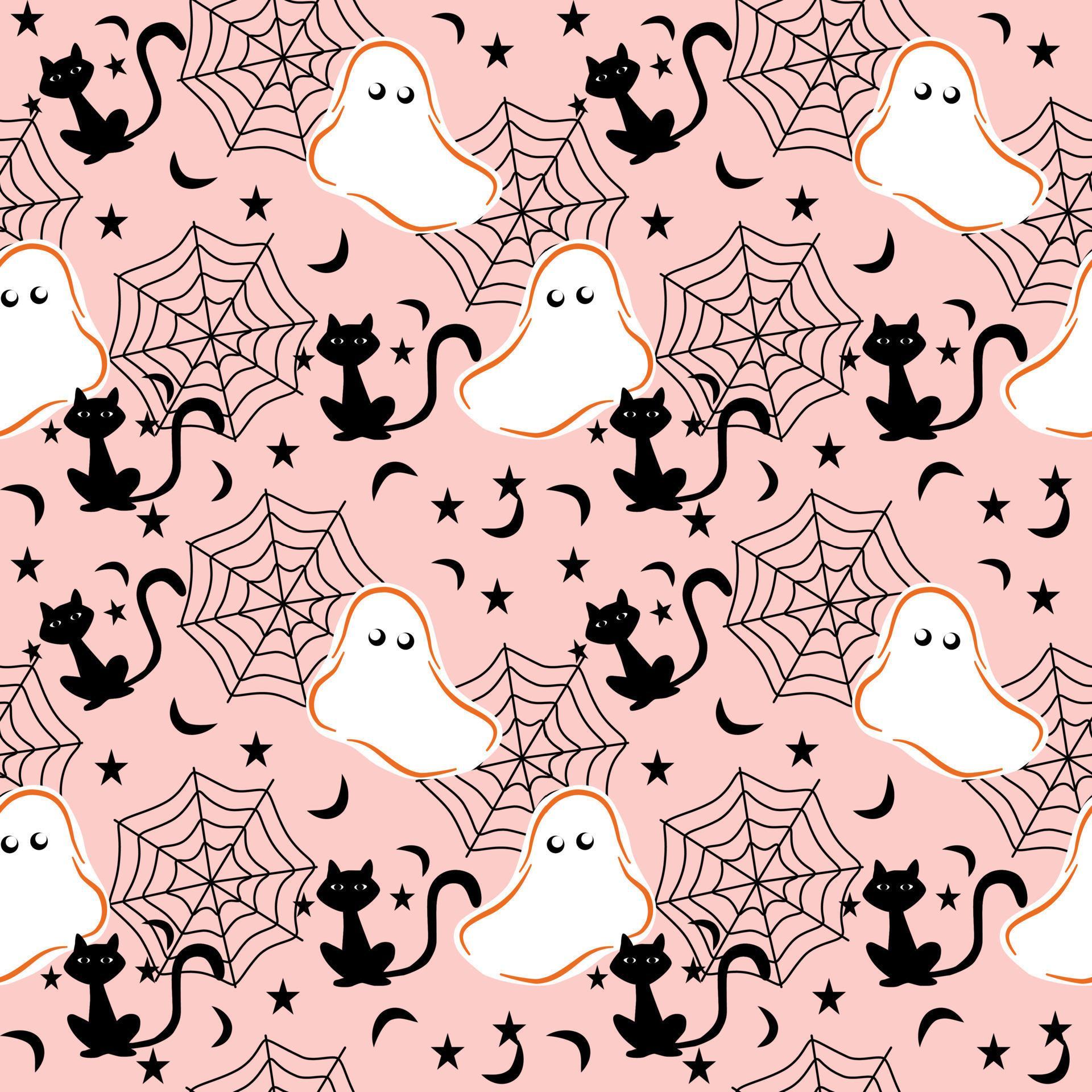 Halloween flat seamless pattern, pink color background, white ghost ...