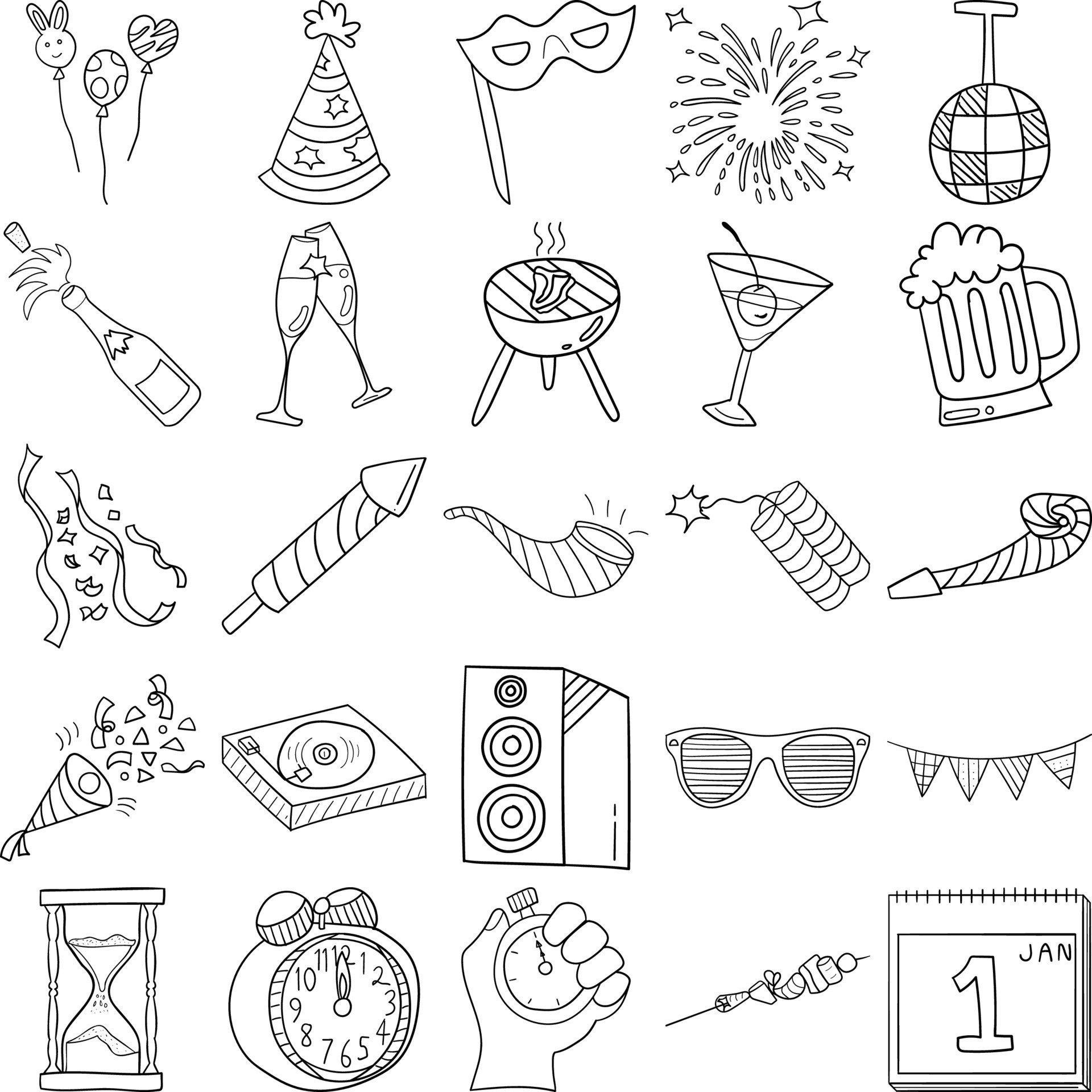 New Year Hand Drawn Doodle Line Art Outline Set 11734787 Vector Art at ...