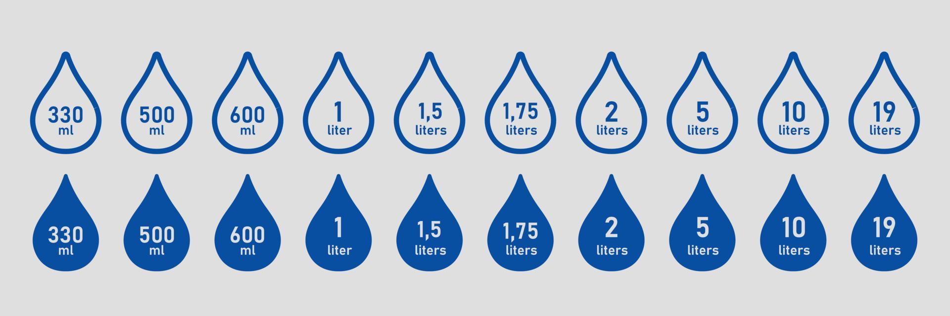 Water Capacity symbols between 330 millilite and 19 litres. A drop of ... Water Capacity symbols between 330 millilite and 19 litres. A drop of ...