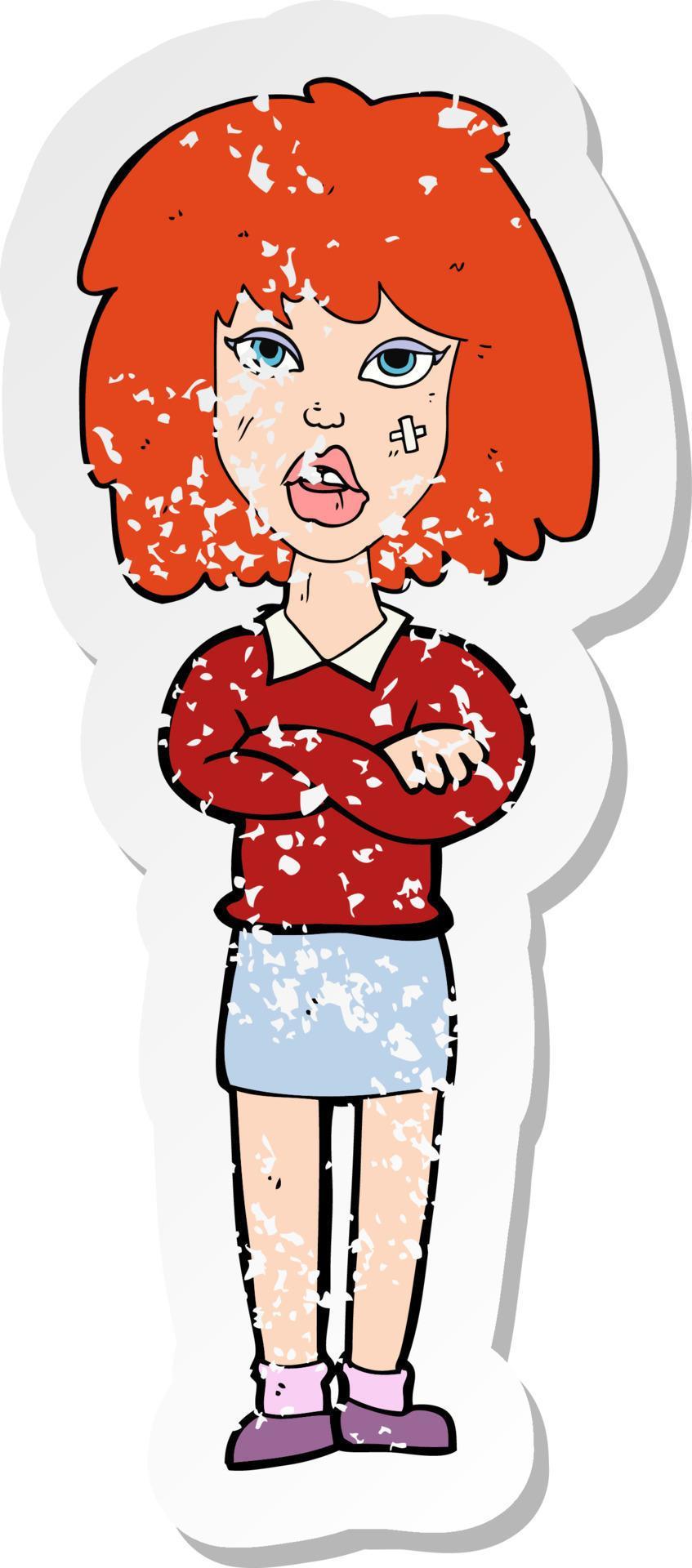 retro distressed sticker of a cartoon tough woman with folded arms ...