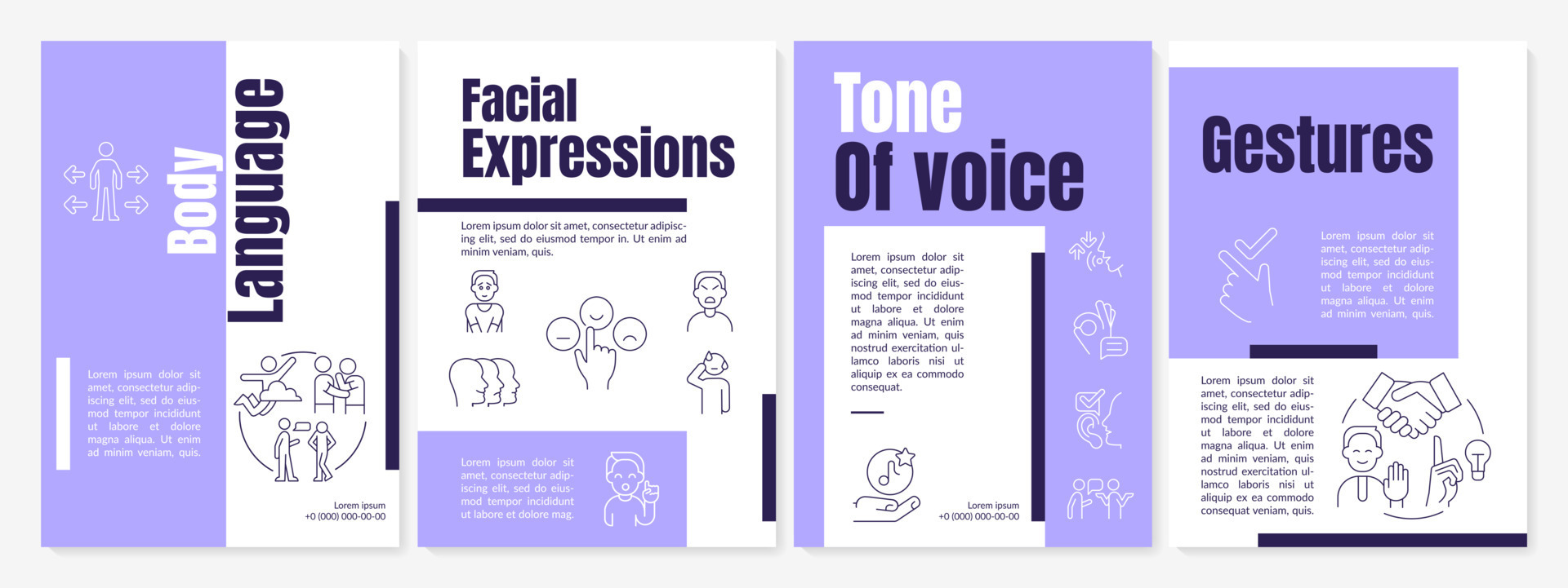 Nonverbal communication types purple brochure template. Body language. Gestures. Leaflet design ...