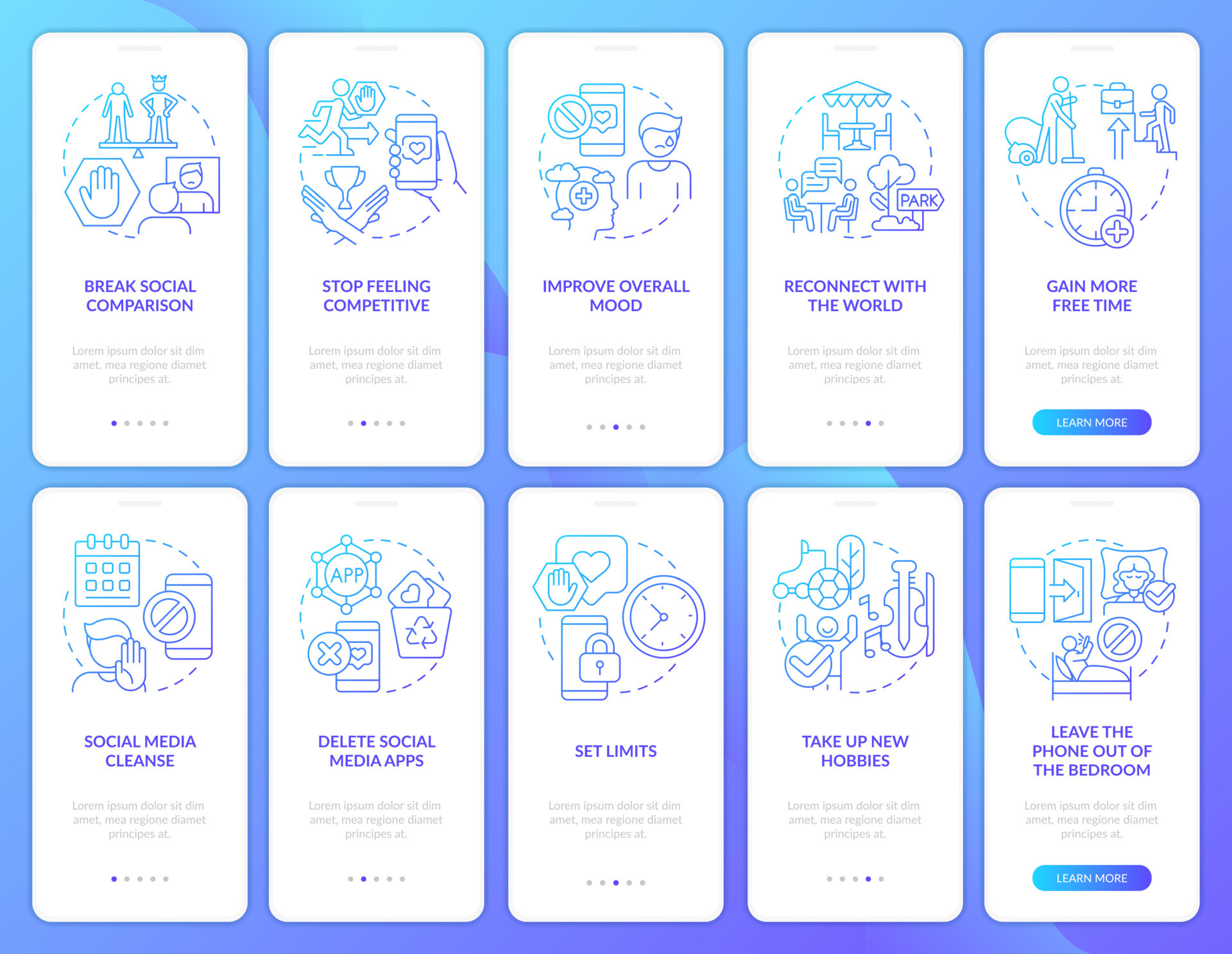 Game And Social Media Blue Gradient Onboarding Mobile App Screen Set Walkthrough 5 Steps