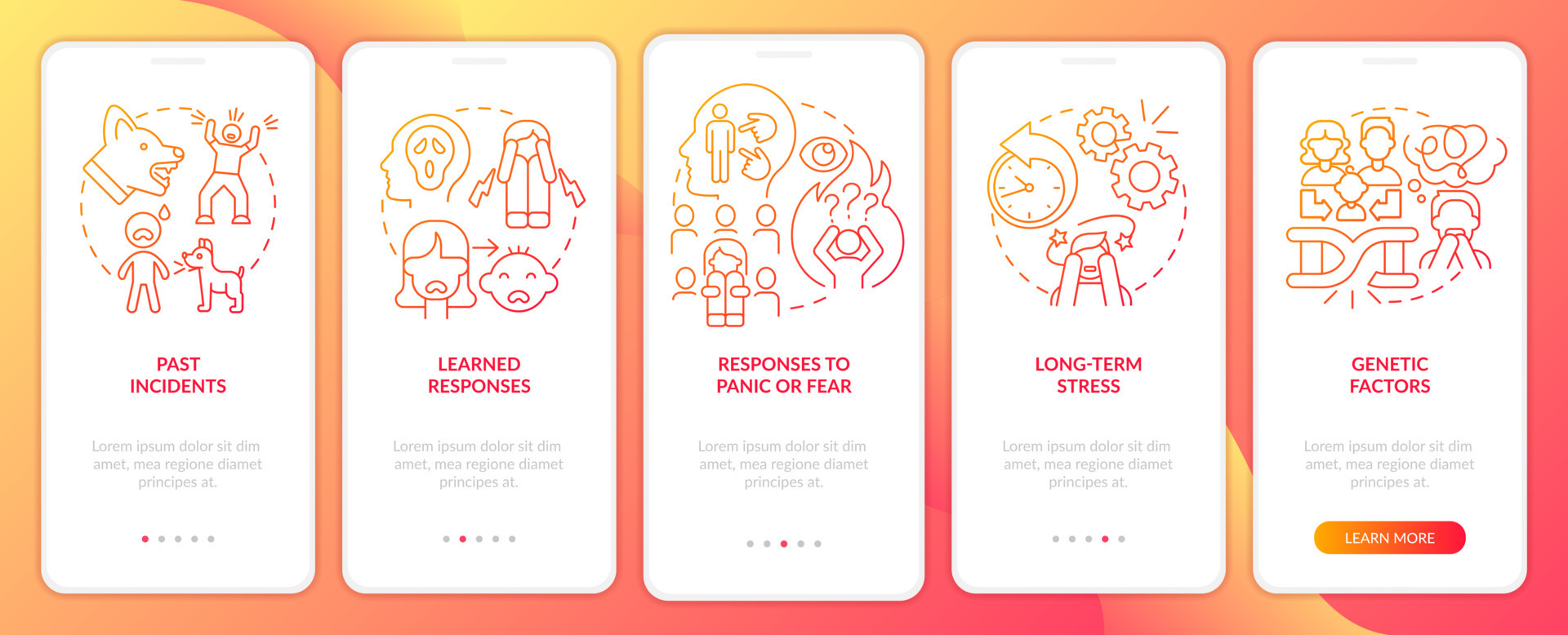 Phobia Causes Red Gradient Onboarding Mobile App Screen Anxiety Disorder Walkthrough 5 Steps