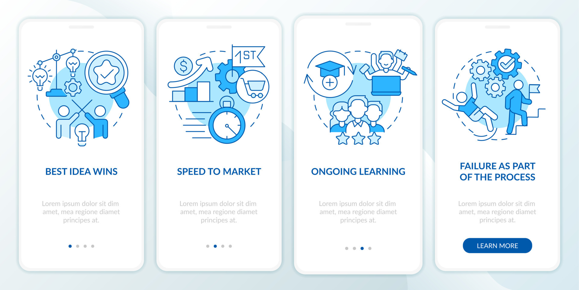 Innovative Culture Characteristics Blue Onboarding Mobile App Screen Walkthrough 4 Steps