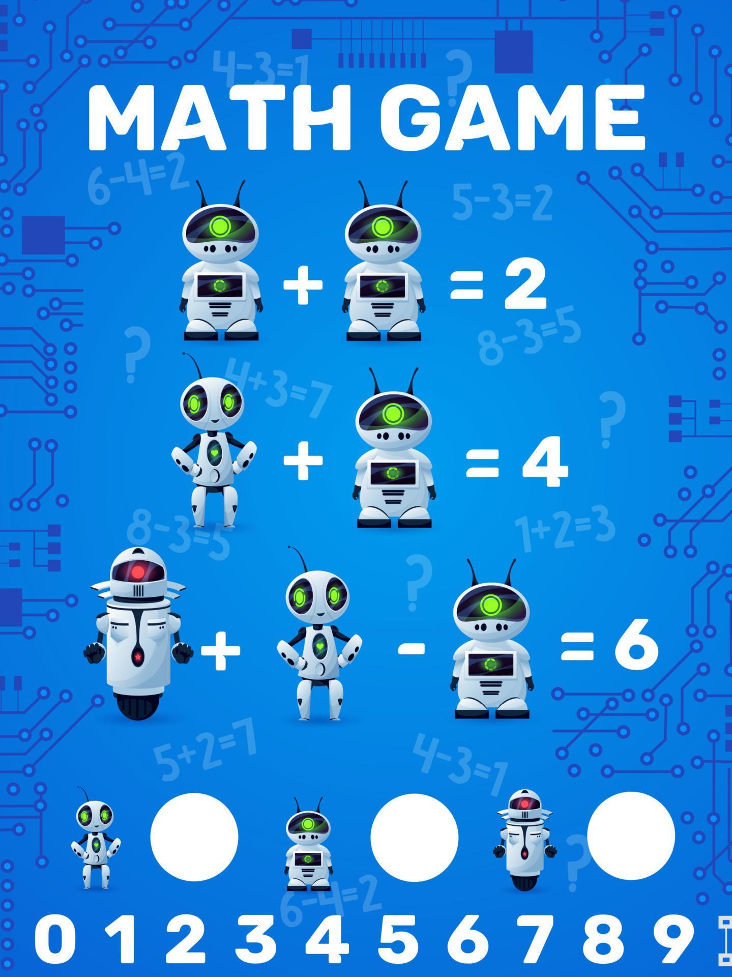 Math game worksheet with cartoon robots and droids 11762702 Vector Art ...