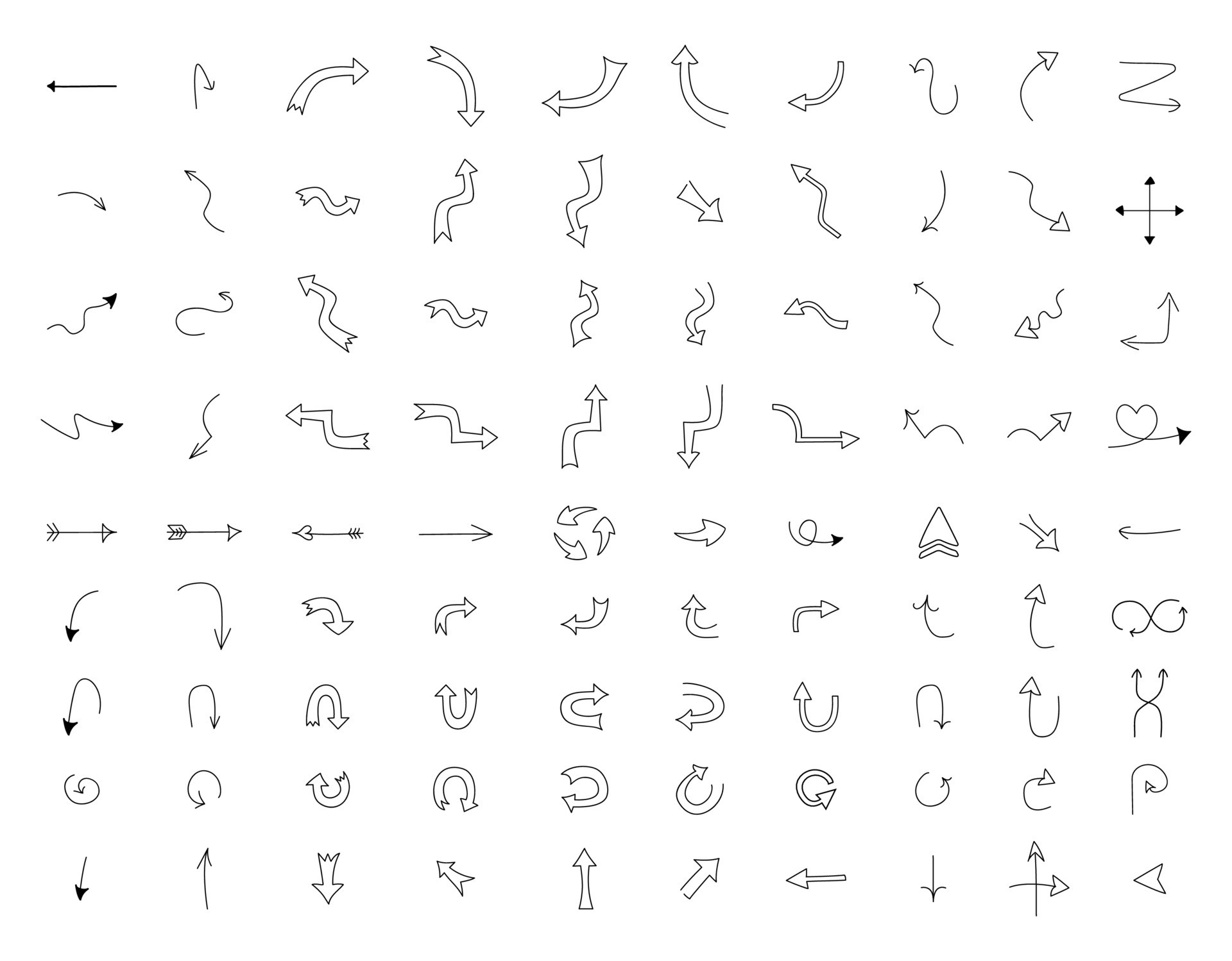 Hand-drawn doodle arrows set.Different directions and shape pointer ...