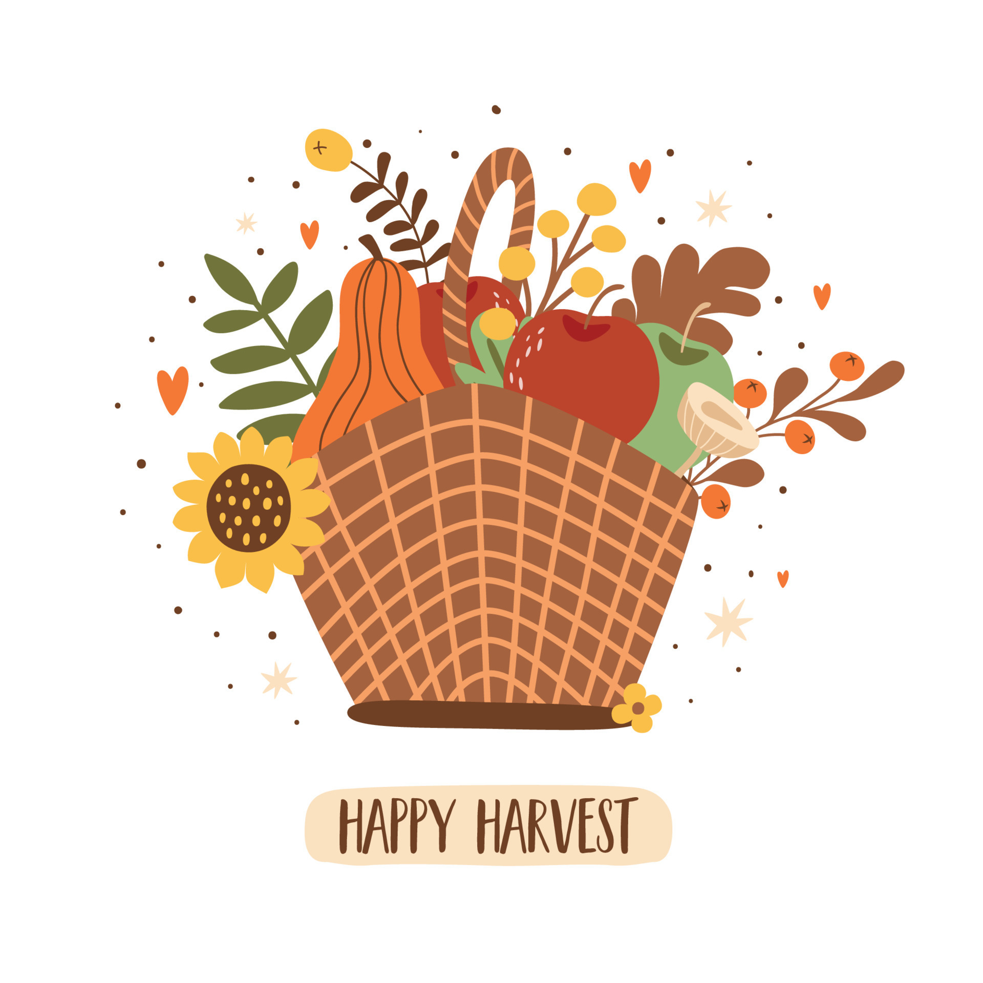 Harvest basket with apples, pumpkin mushroom sunflower autumn leaves ...