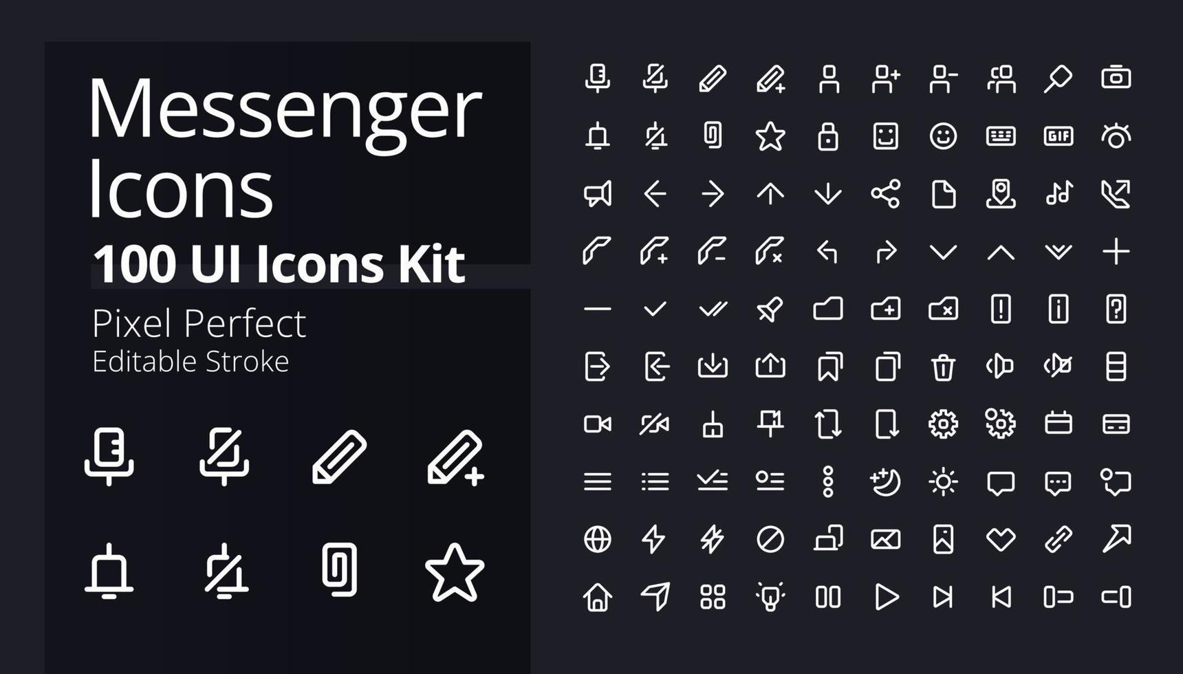 Messenger Application Pixel Perfect White Linear Ui Icons Kit For Dark Theme App Features