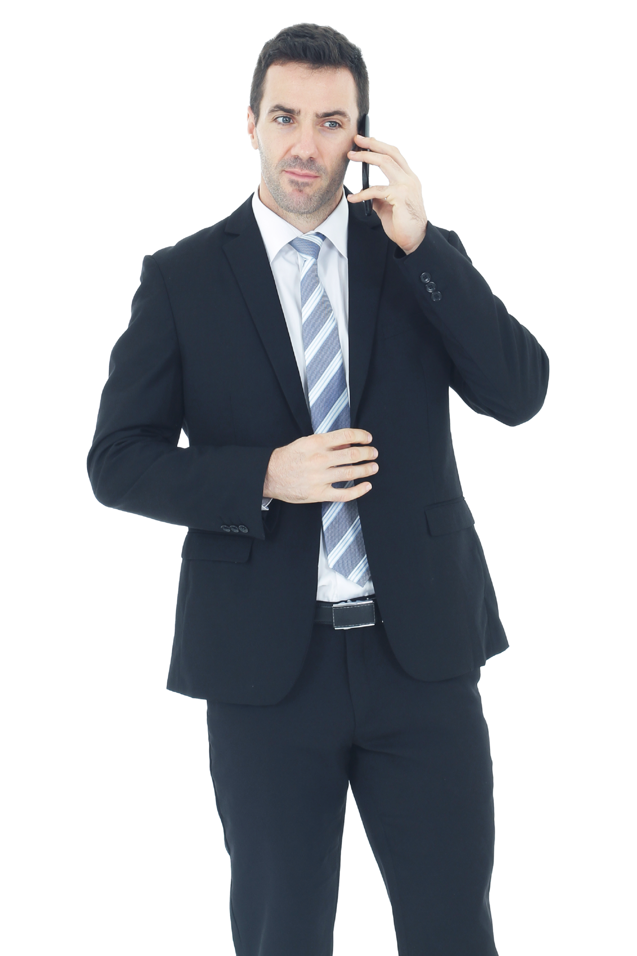 Handsome businessman in a suit hand holding smartphone and talking on ...