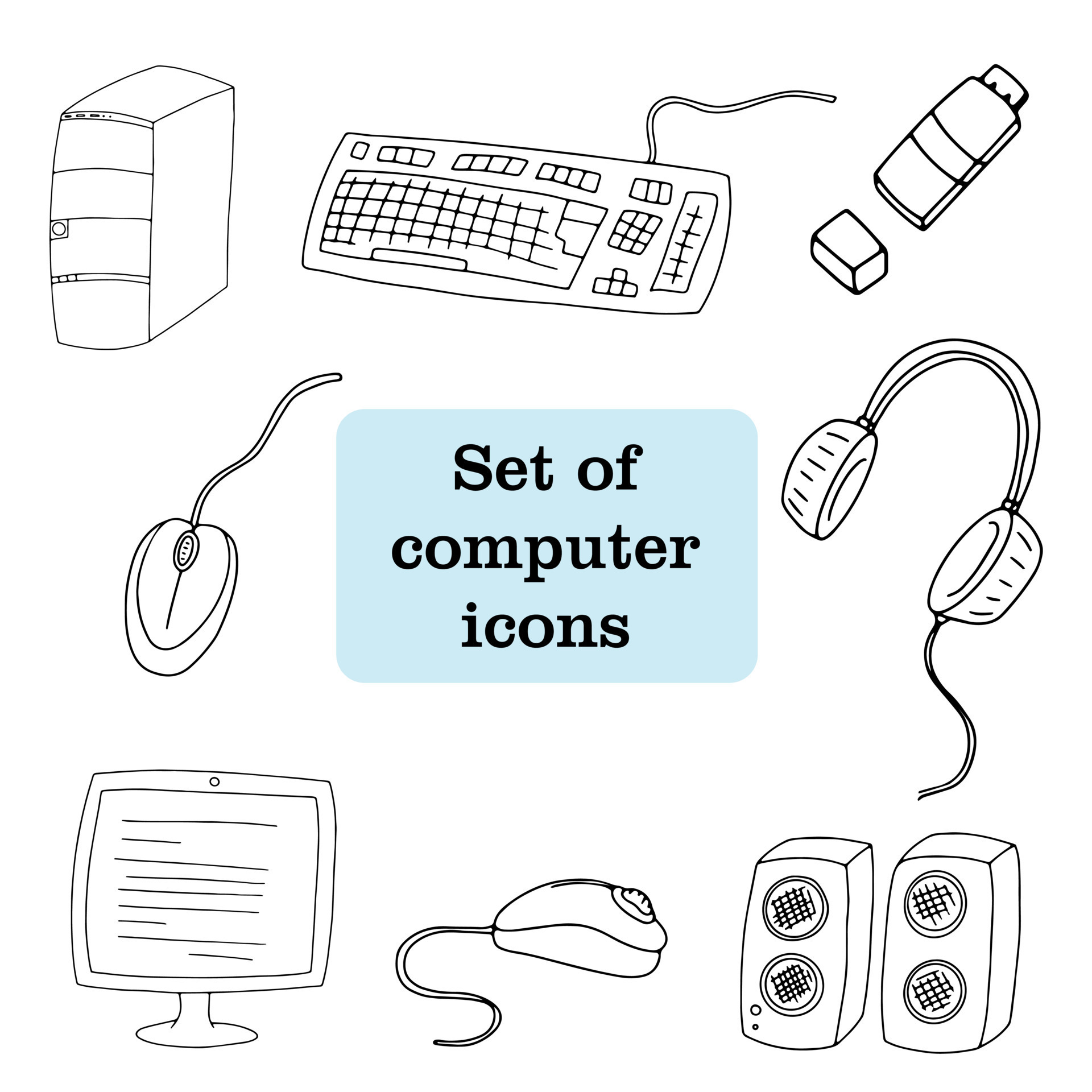 Vector set with computer icons, keyboard, speakers, monitor, personal ... Vector set with computer icons, keyboard, speakers, monitor, personal ...