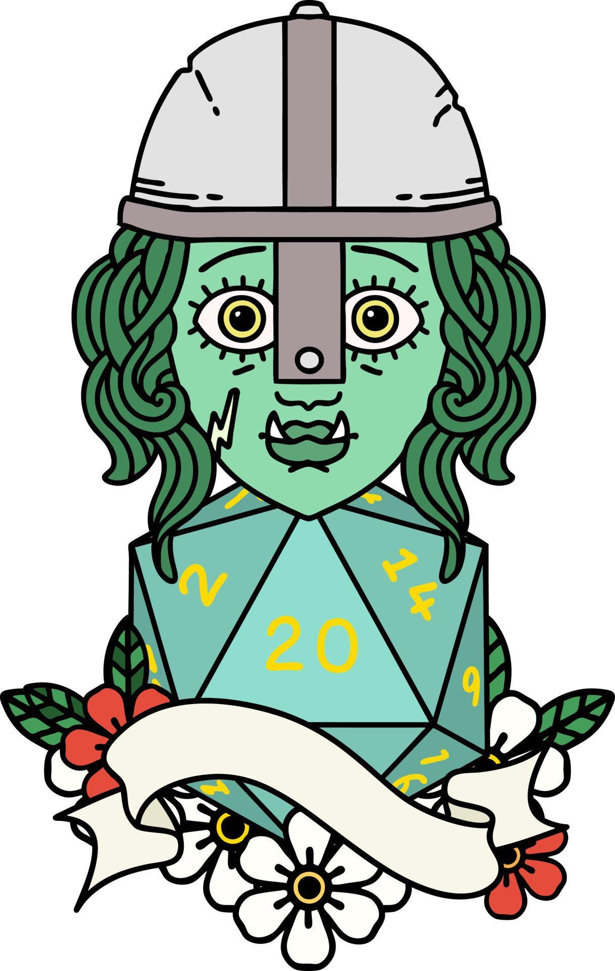 Retro Tattoo Style Half Orc Fighter Character With Natural 20 Dice Roll 11794721 Vector Art At