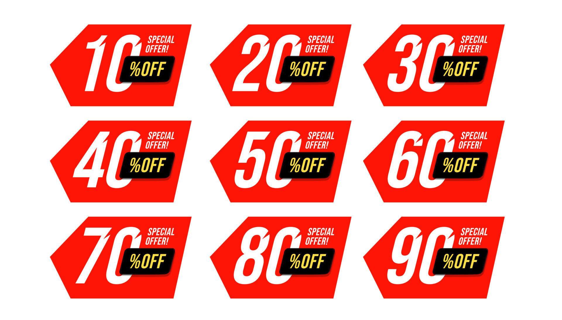 Special offer discount label with different sale percentage. 10, 20, 30, 40, 50, 60, 70, 80, 90 ...