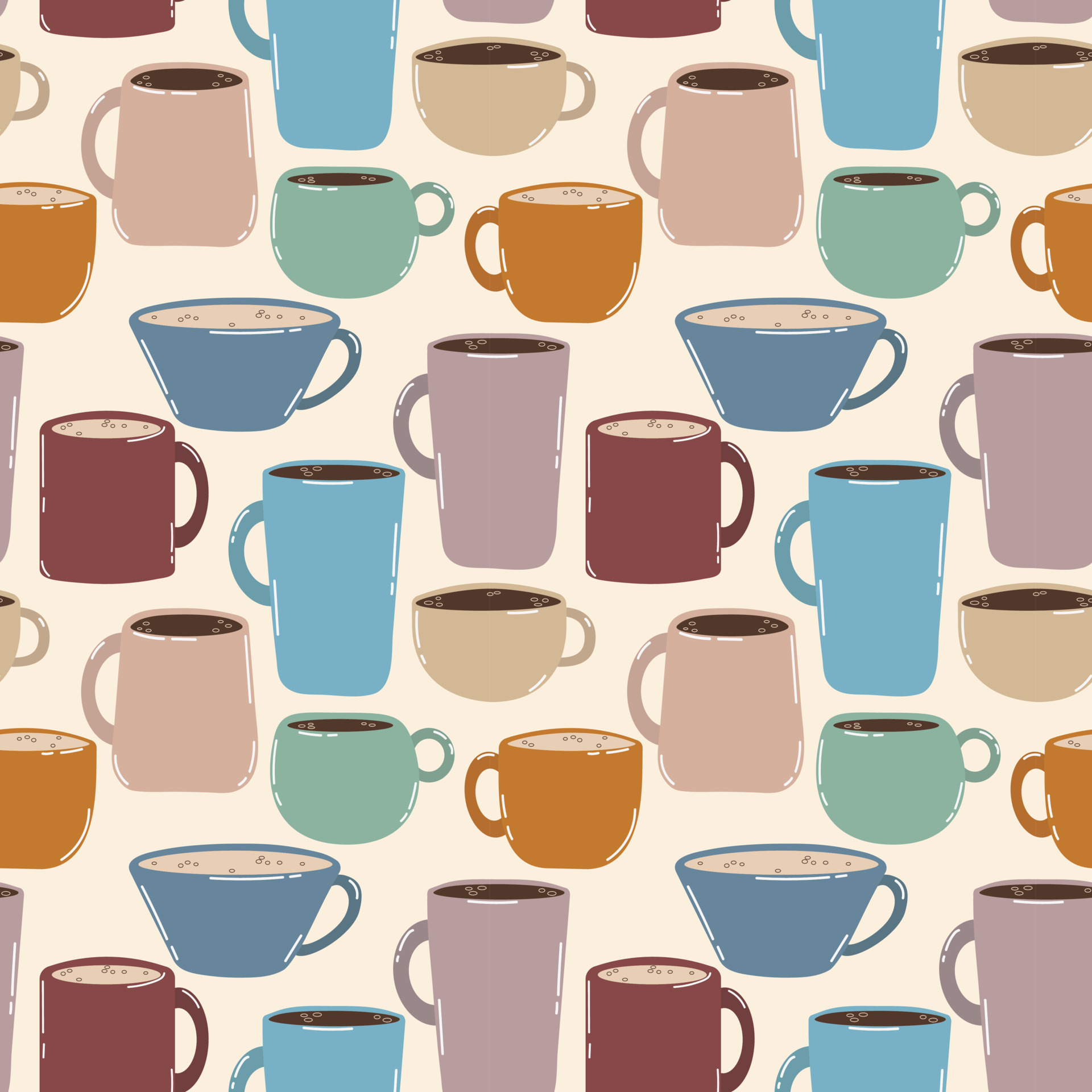 Seamless Pattern With Different Coffee Mugs On Beige Background In Flat Style 11797045 Vector