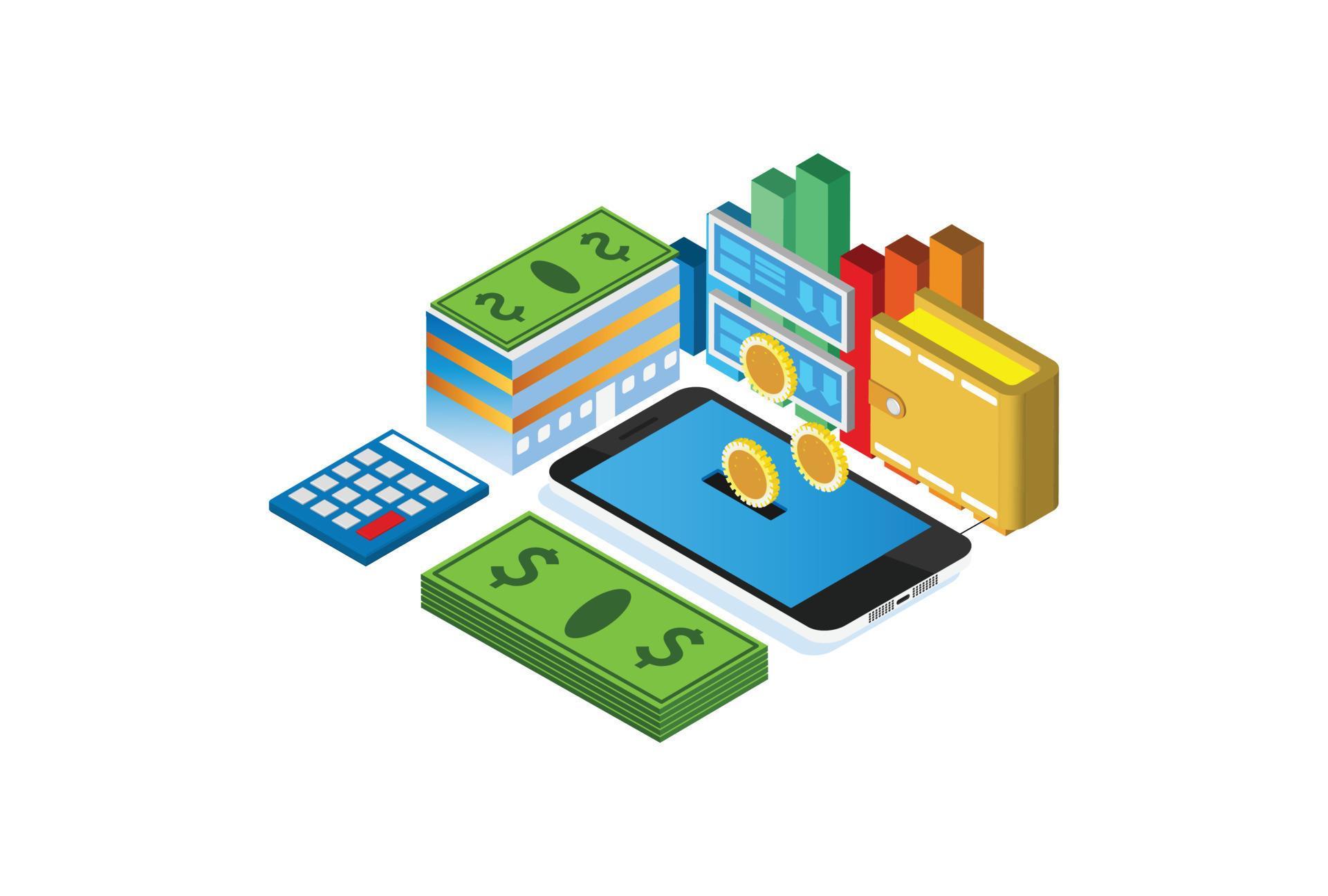 Isometric Depositing Money on smartphone, coin holding. Bank concept Vector Illustration ...