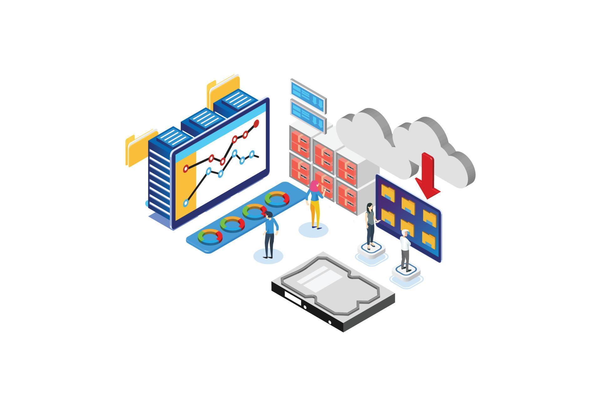 Modern Isometric Smart Cloud Database Processing Technology Illustration In White Isolated
