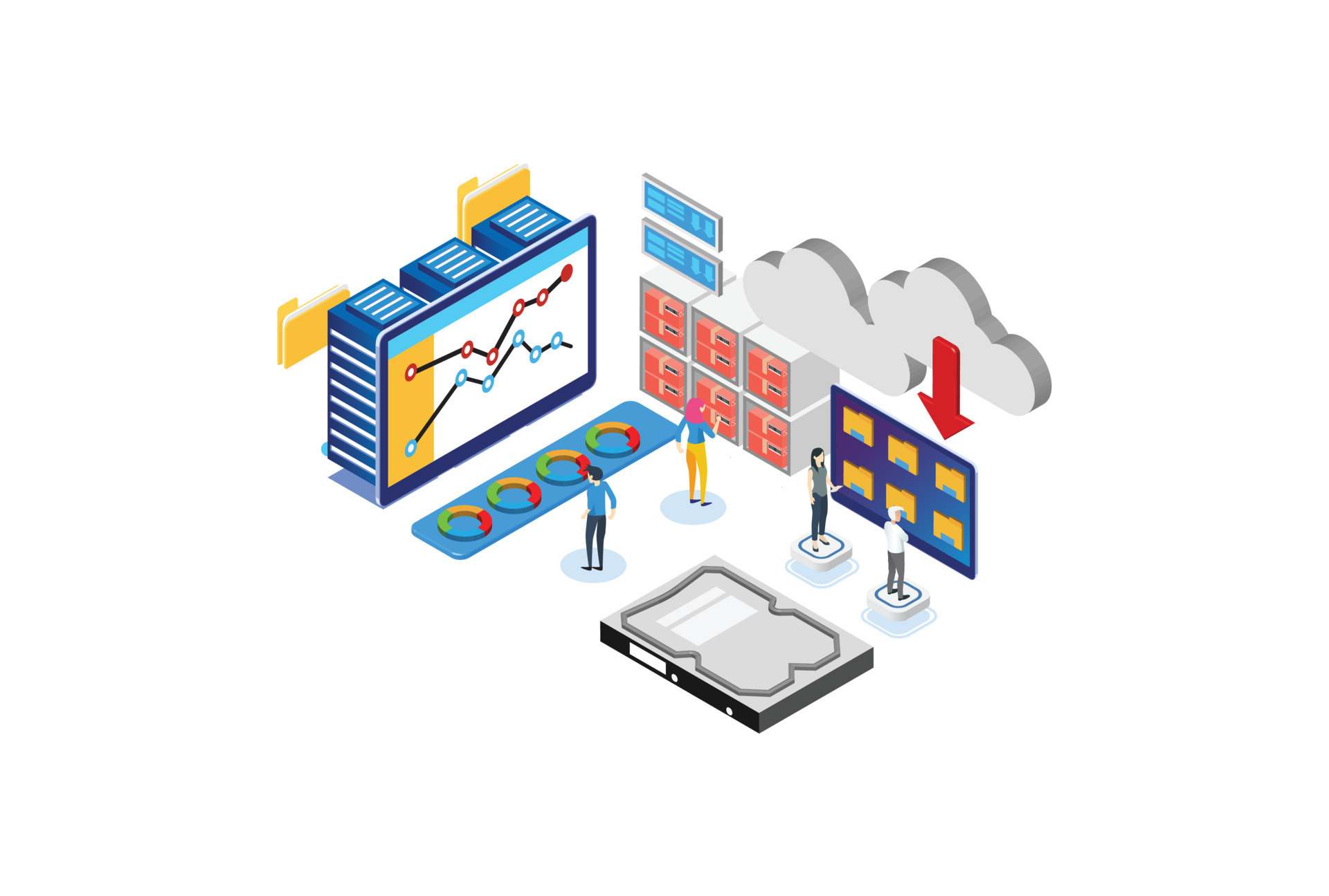 Modern Isometric Smart Cloud Database Processing Technology Illustration In White Isolated