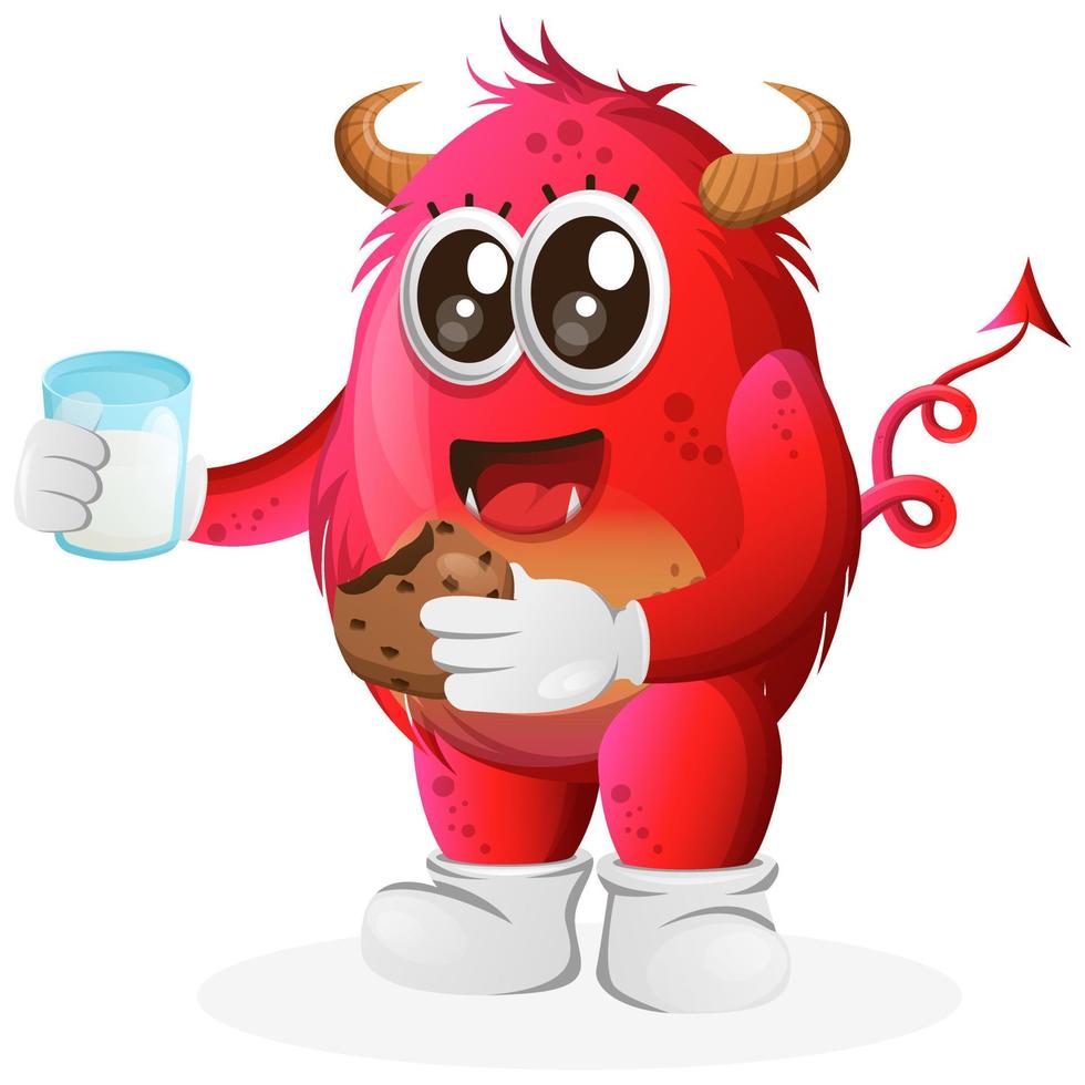 Vector Cute red monster drink milk and eat cookie 11824027 Vector Art ...