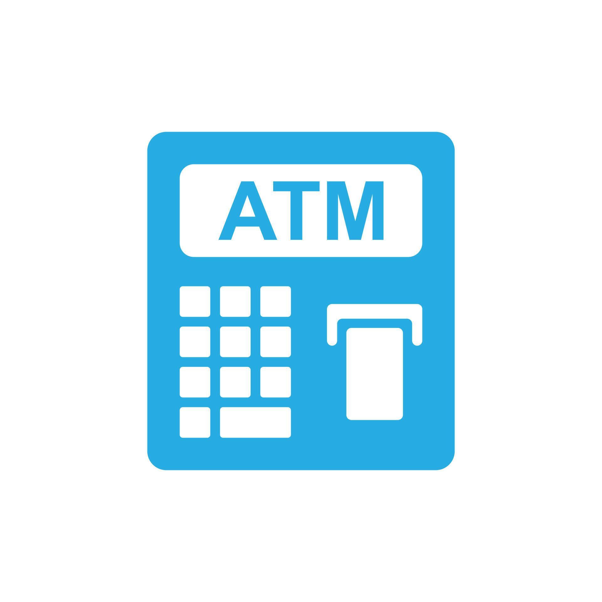 eps10 blue vector ATM abstract solid icon isolated on white background. ATM machine symbol in a ...