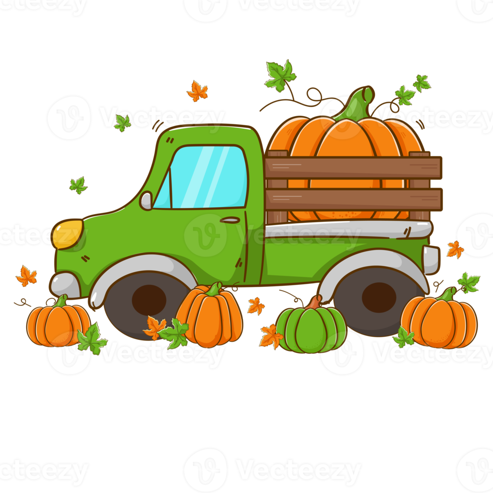 Hand drawn truck harvest pumpkin cartoon. Thanksgiving greeting card ...